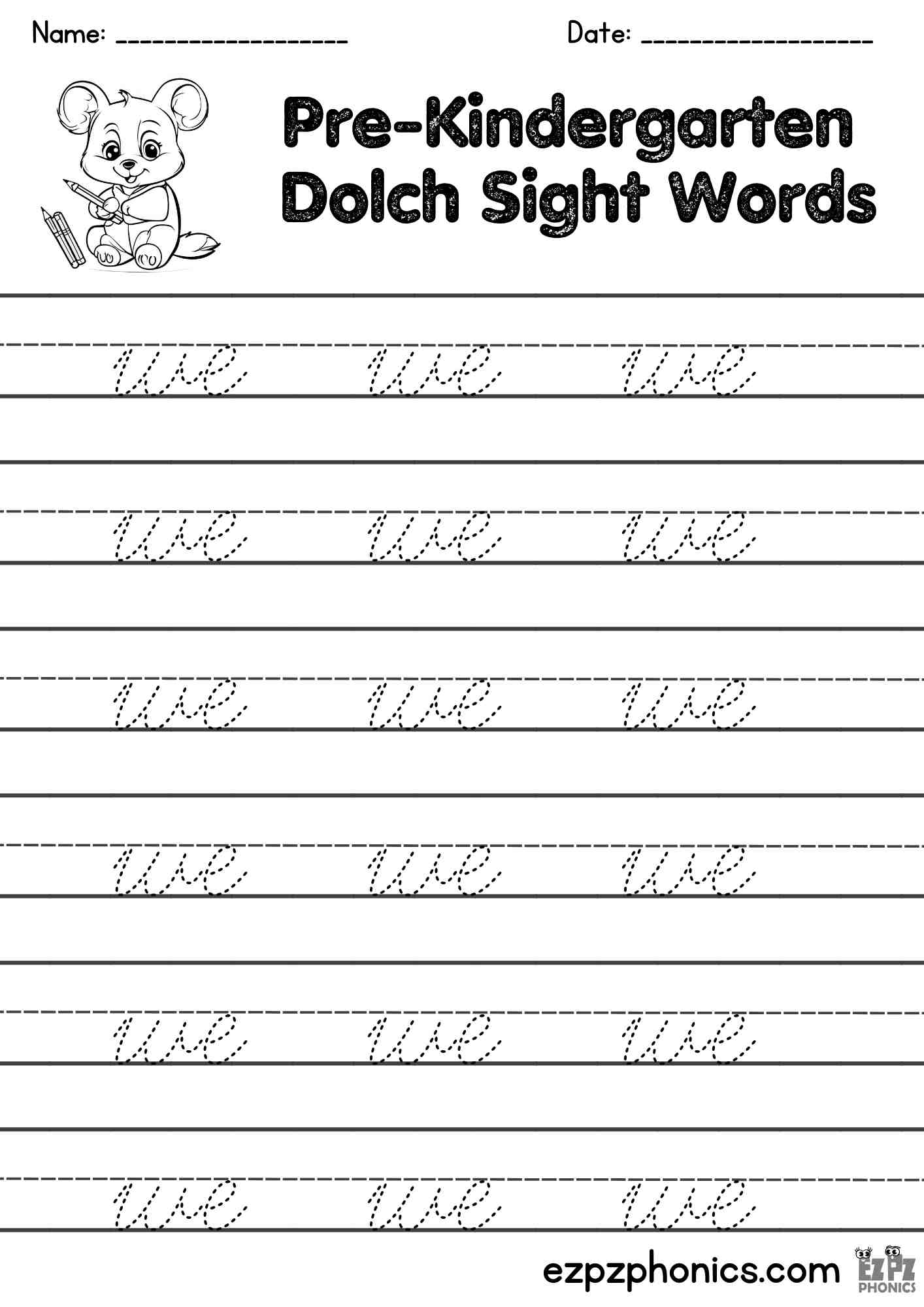 The Word We Cursive Writing Practice – Pre-K Dolch Sight Words Free PDF ...
