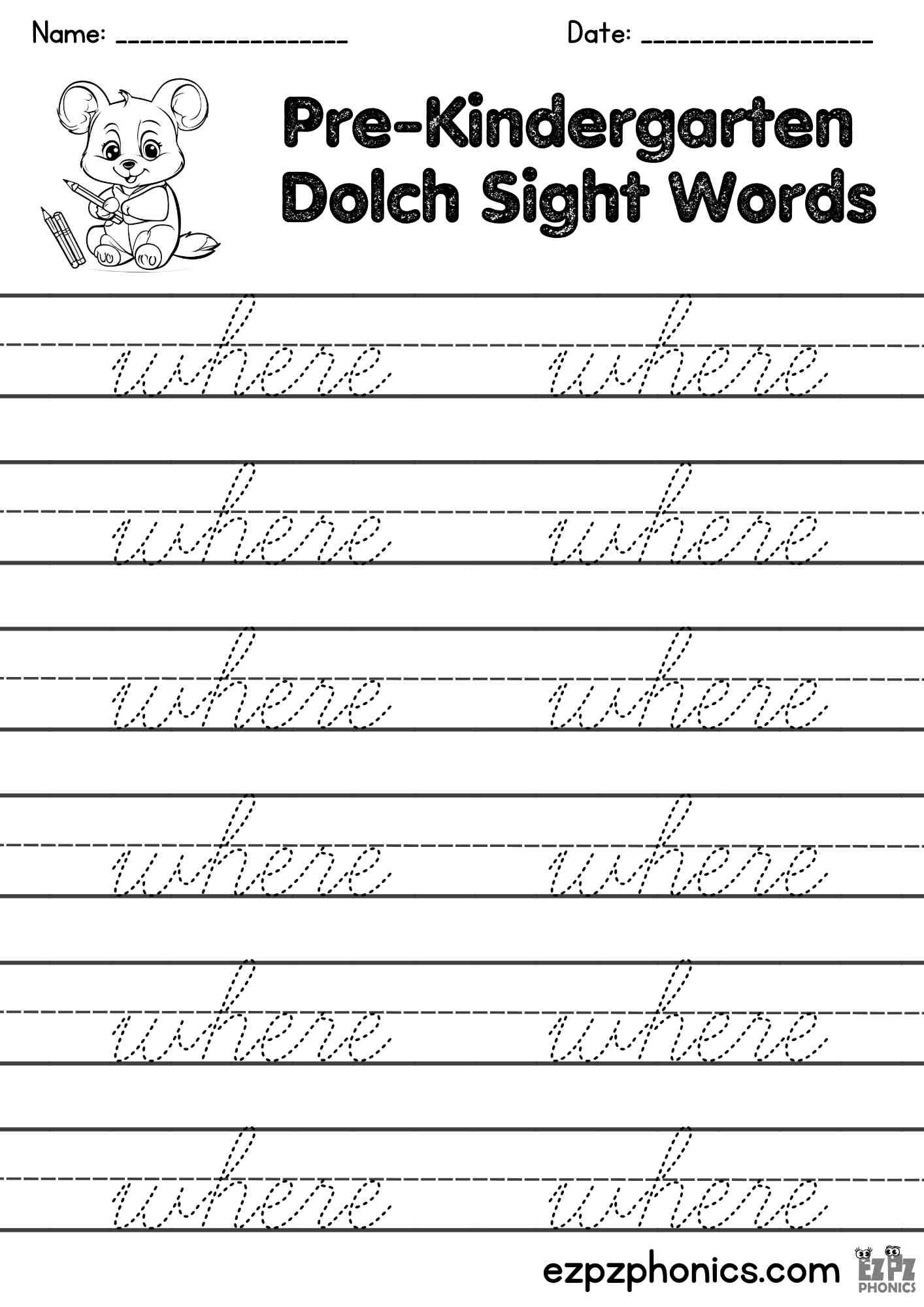 The Word Where Cursive Writing Practice – Pre-K Dolch Sight Words Free ...