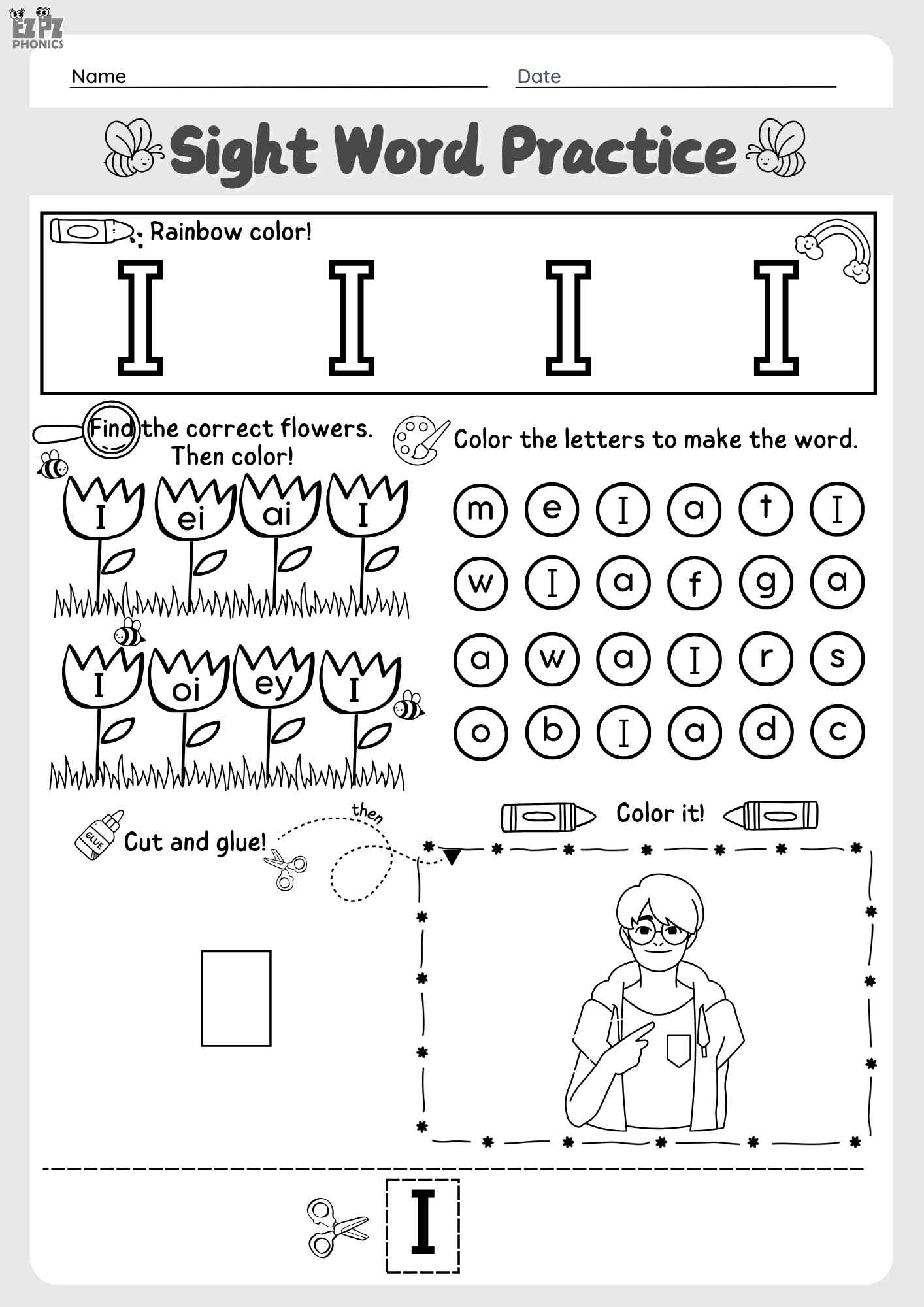 The Word "I" Sight Word Cut and Paste Worksheet for Early Learners Pre ...