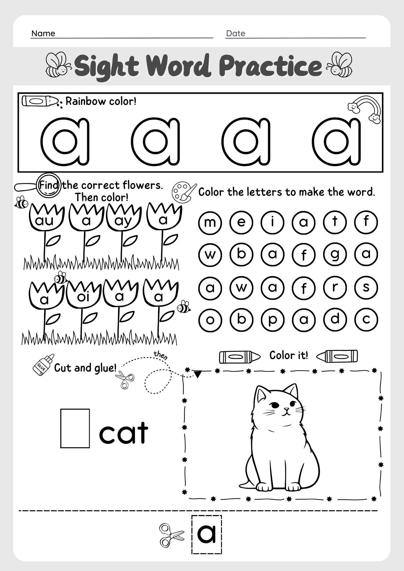 The Word "A" Sight Word Cut and Paste Worksheet for Early Learners Pre ...