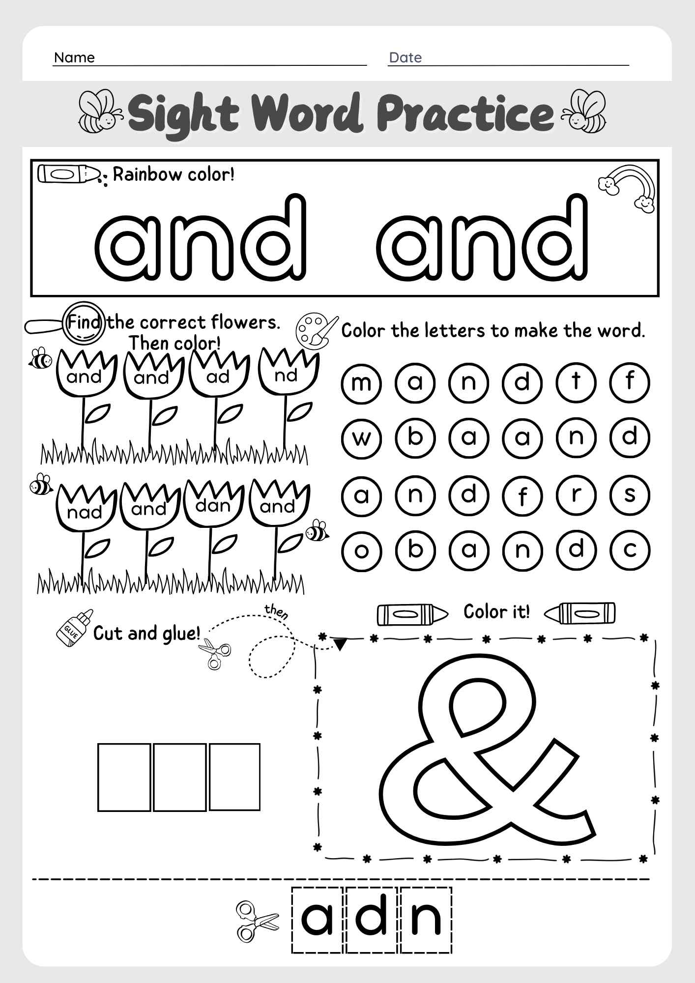 The Word "And" Sight Word Cut and Paste Worksheet for Early Learners ...