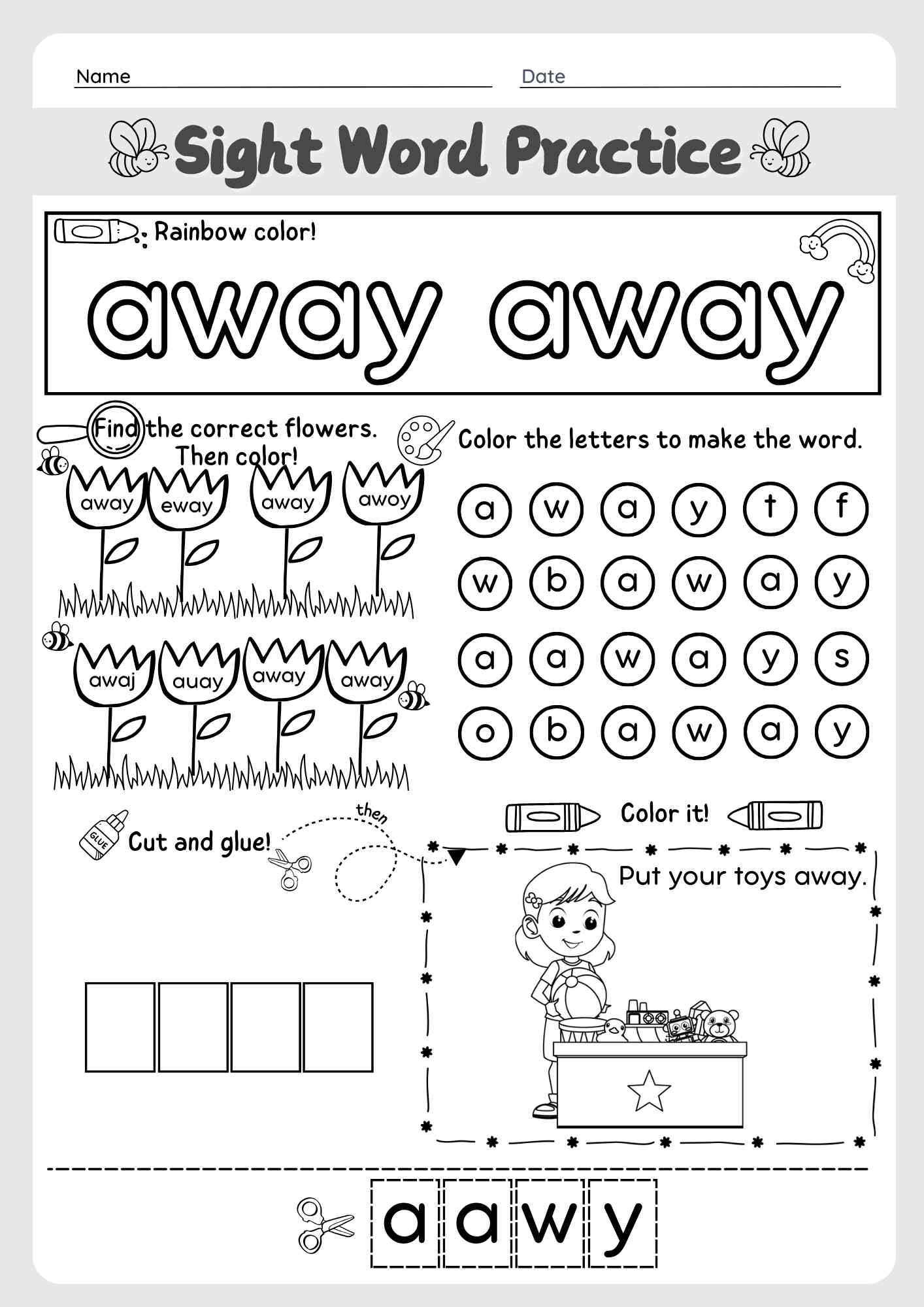 The Word "Away" Sight Word Cut and Paste Worksheet for Early Learners ...