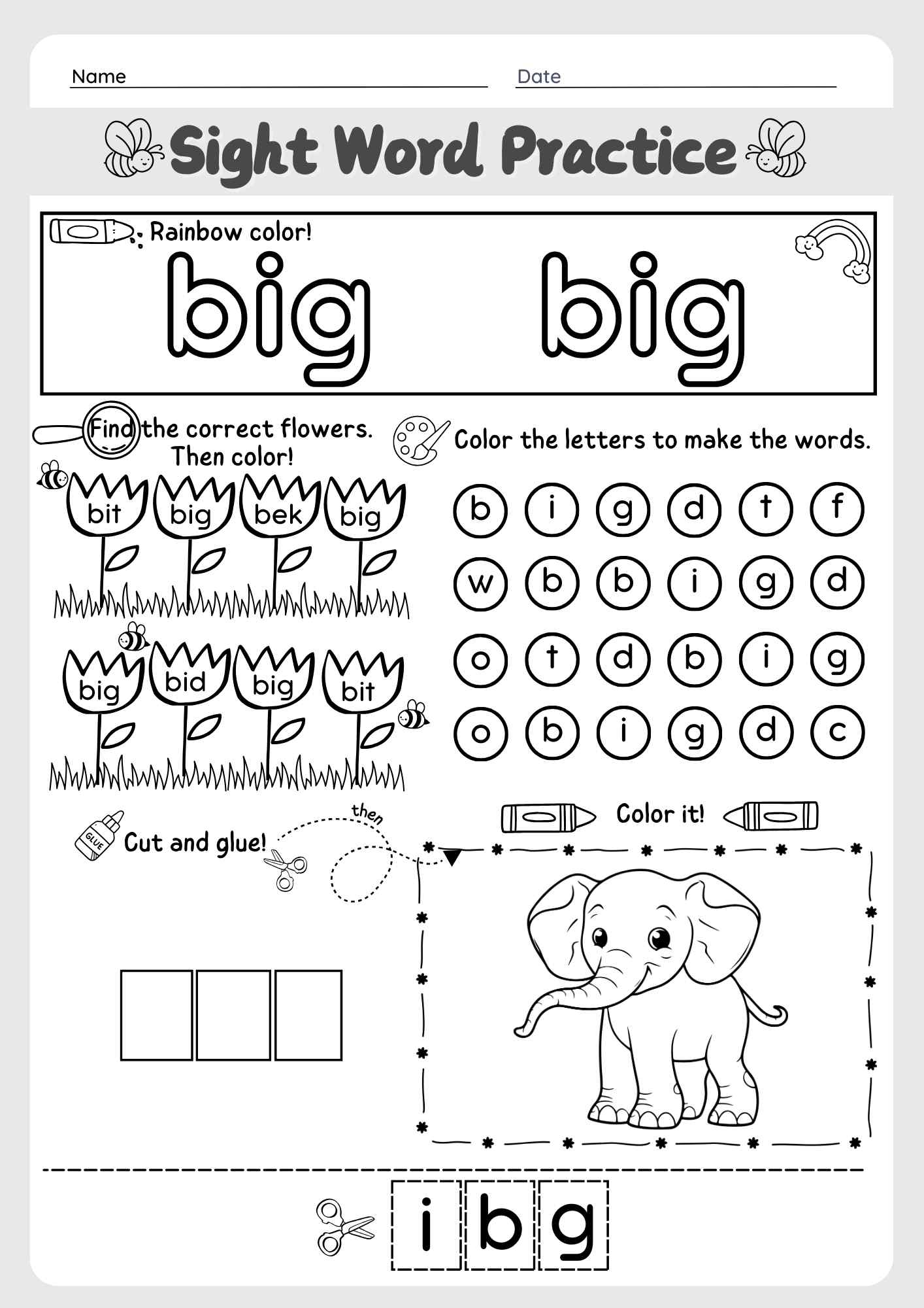 The Word "Big" Sight Word Cut and Paste Worksheet for Early Learners ...