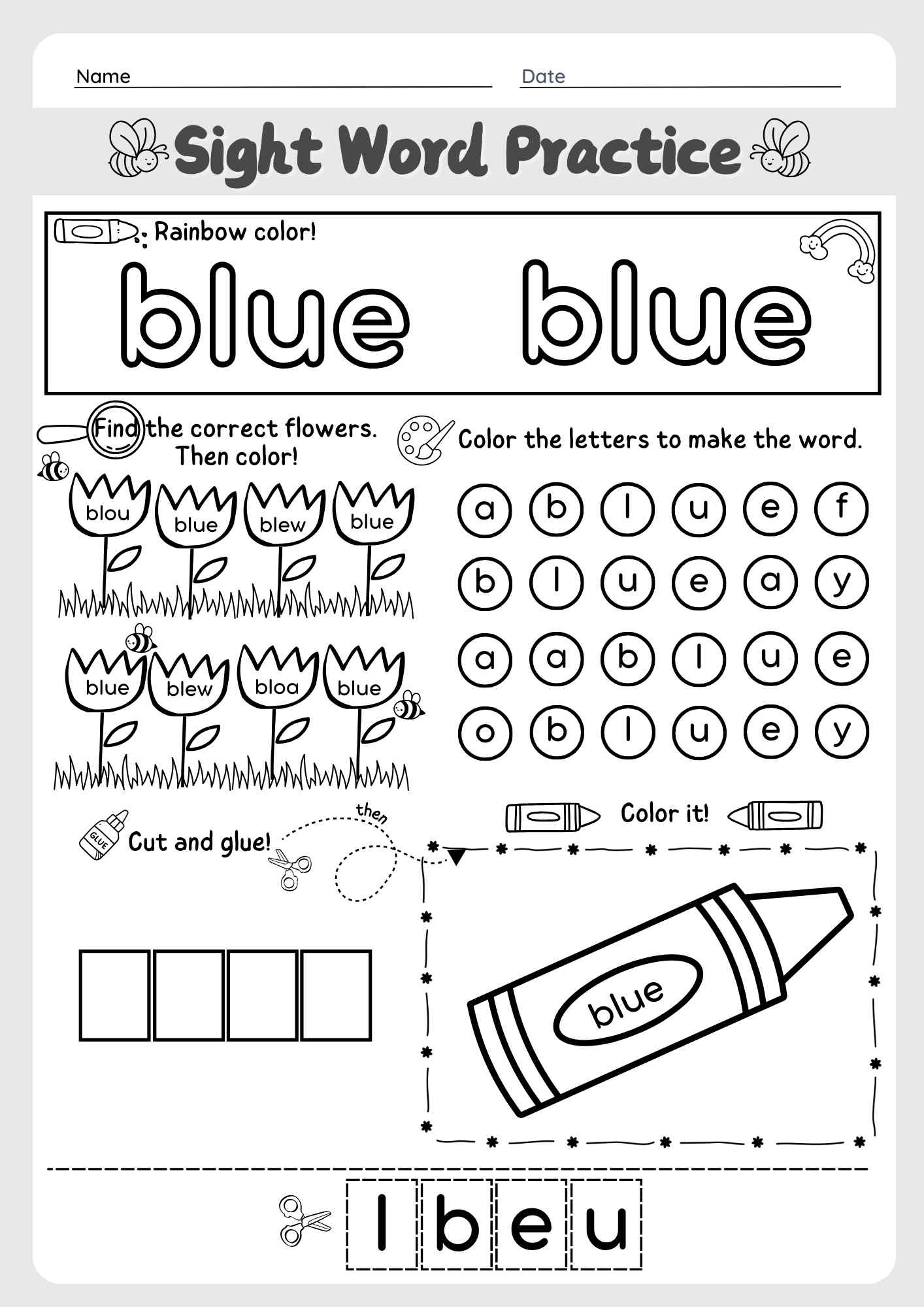 The Word "Blue" Sight Word Cut and Paste Worksheet for Early Learners ...