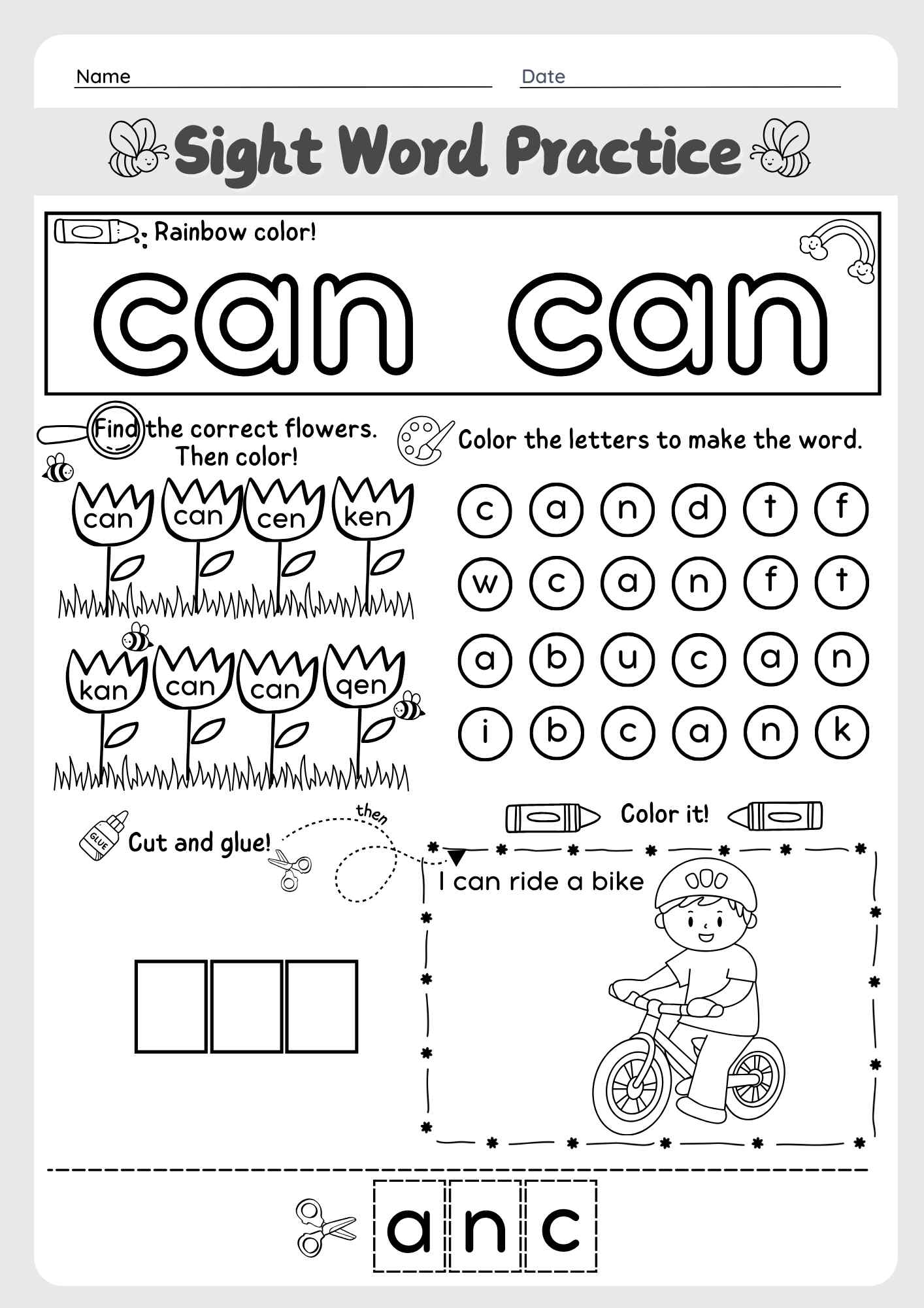 The Word "Can" Sight Word Cut and Paste Worksheet for Early Learners ...