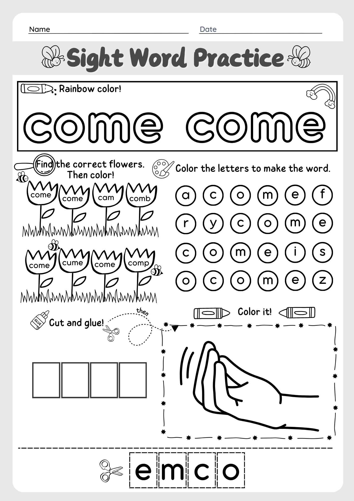 The Word "Come" Sight Word Cut and Paste Worksheet for Early Learners ...