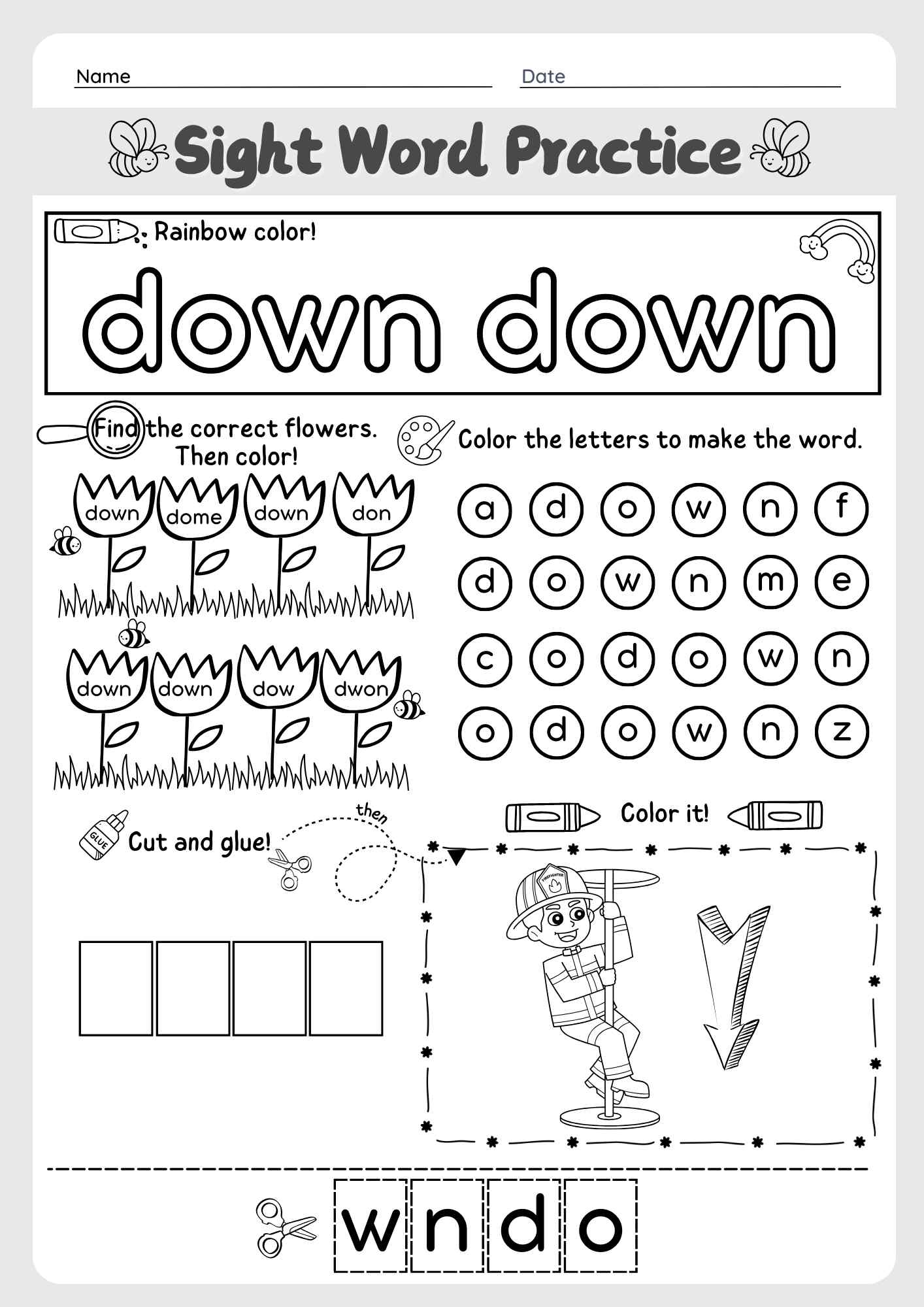 The Word "Down" Sight Word Cut and Paste Worksheet for Early Learners ...