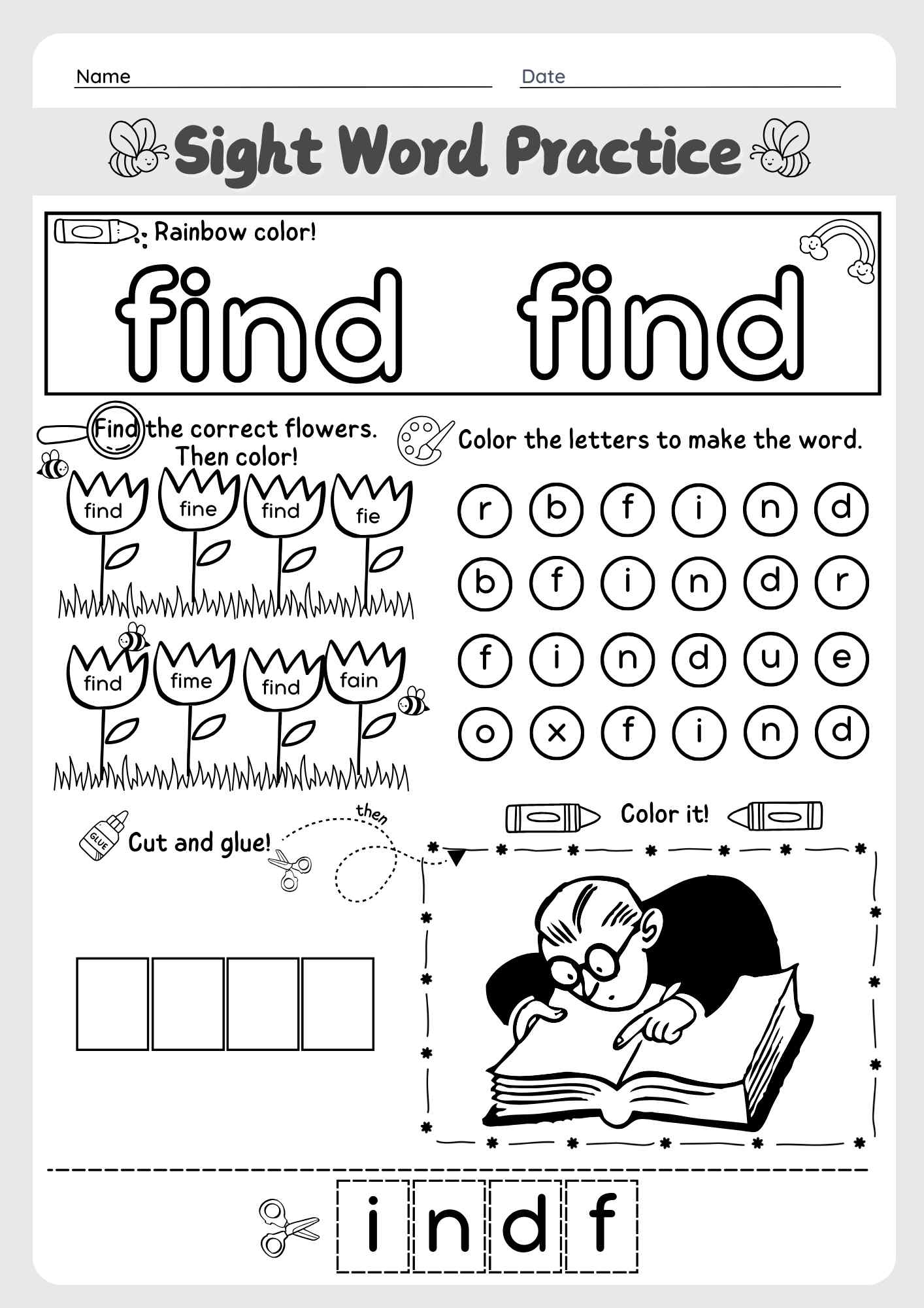 The Word "Find" Sight Word Cut and Paste Worksheet for Early Learners ...
