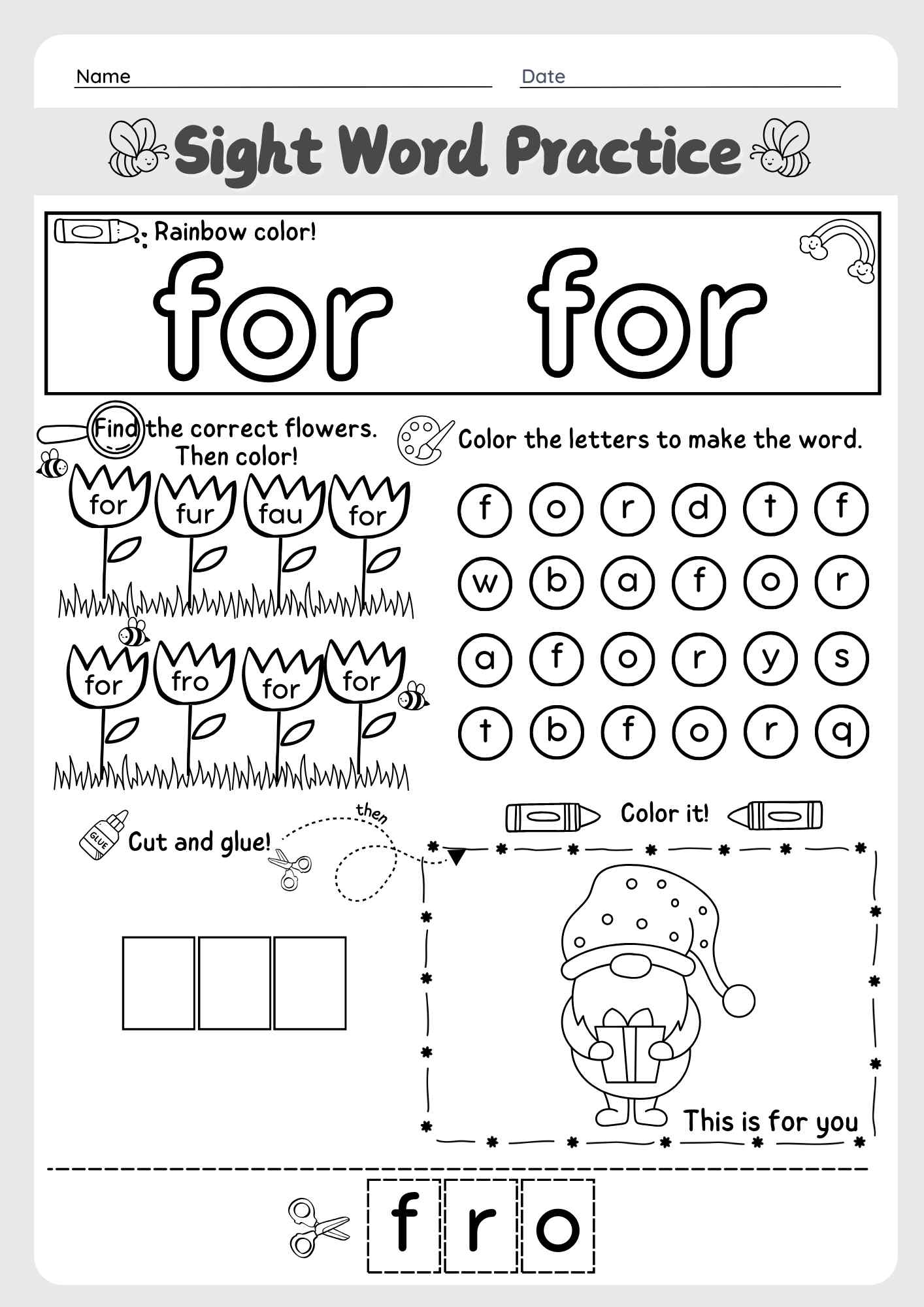 The Word "For" Sight Word Cut and Paste Worksheet for Early Learners ...