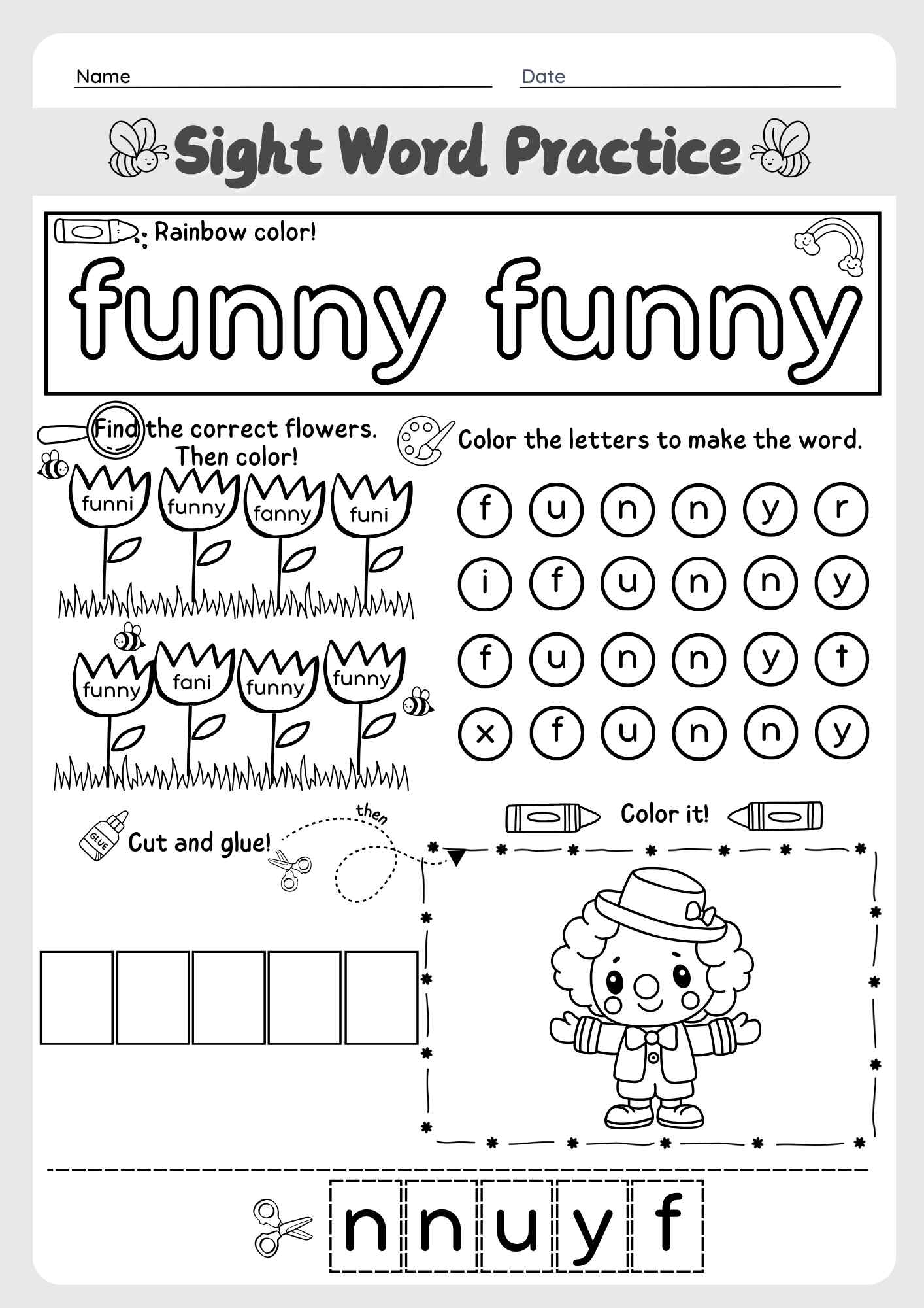 The Word "Funny" Sight Word Cut and Paste Worksheet for Early Learners ...
