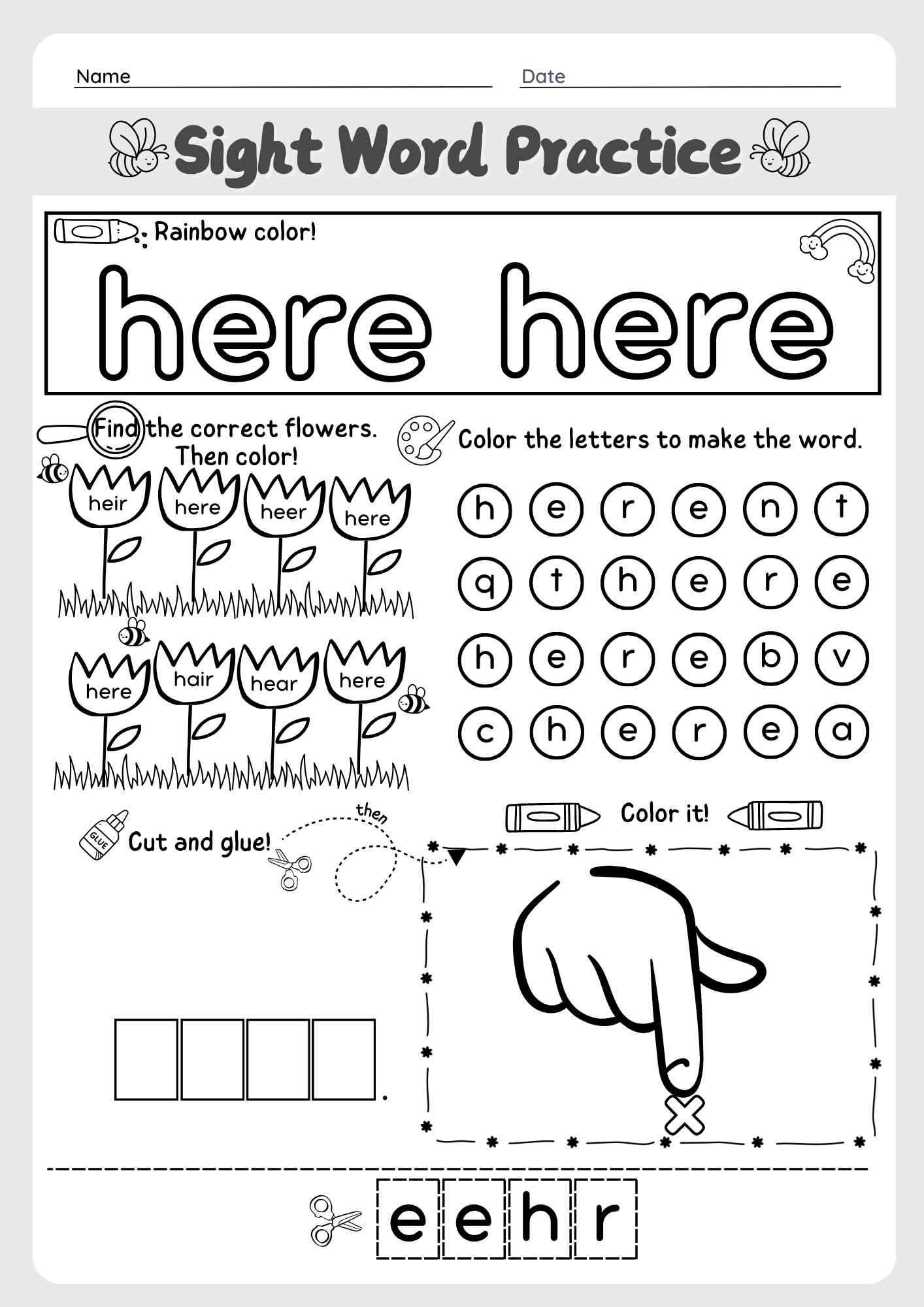 The Word "Here" Sight Word Cut and Paste Worksheet for Early Learners ...