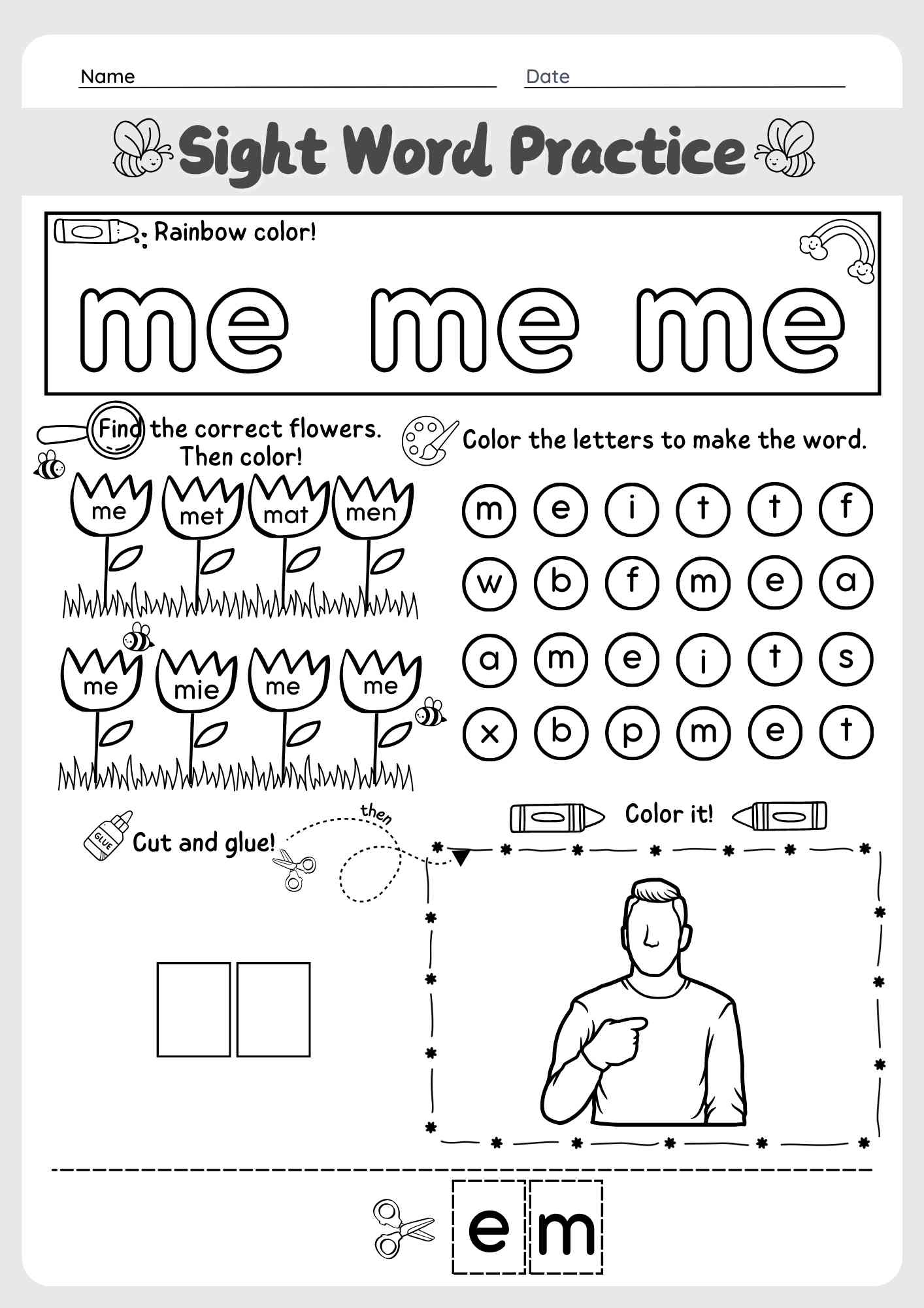 Dolch Sight Word "Me" Worksheet for Pre-Kindergarten PDF Download Pre ...