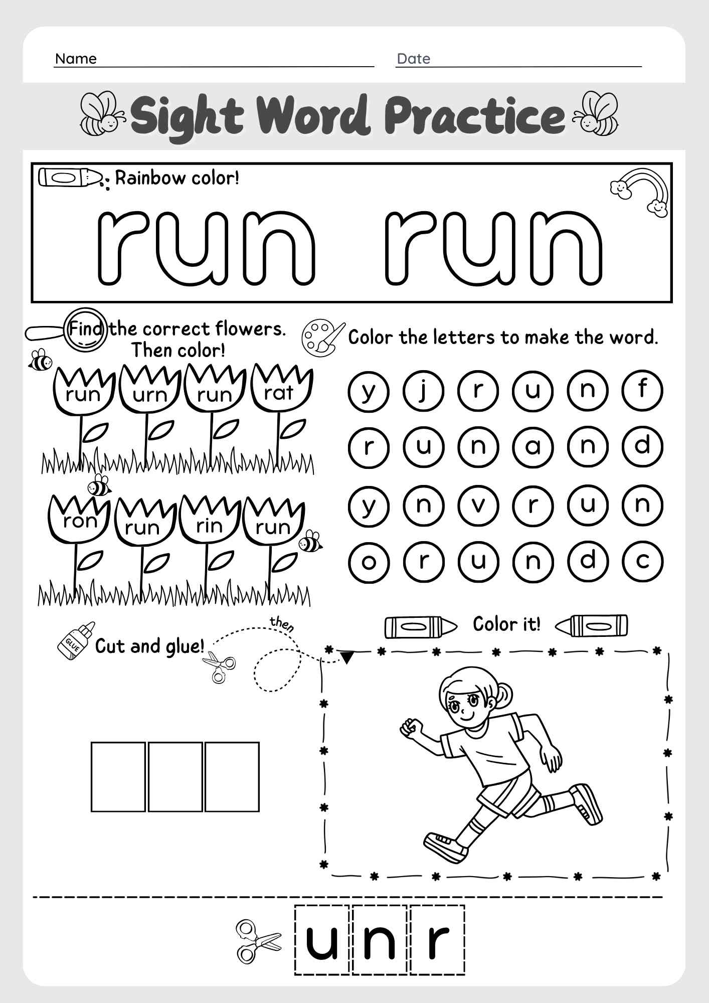 Dolch Sight Word "Run" Cut and Paste, Find and Color, and Find the ...