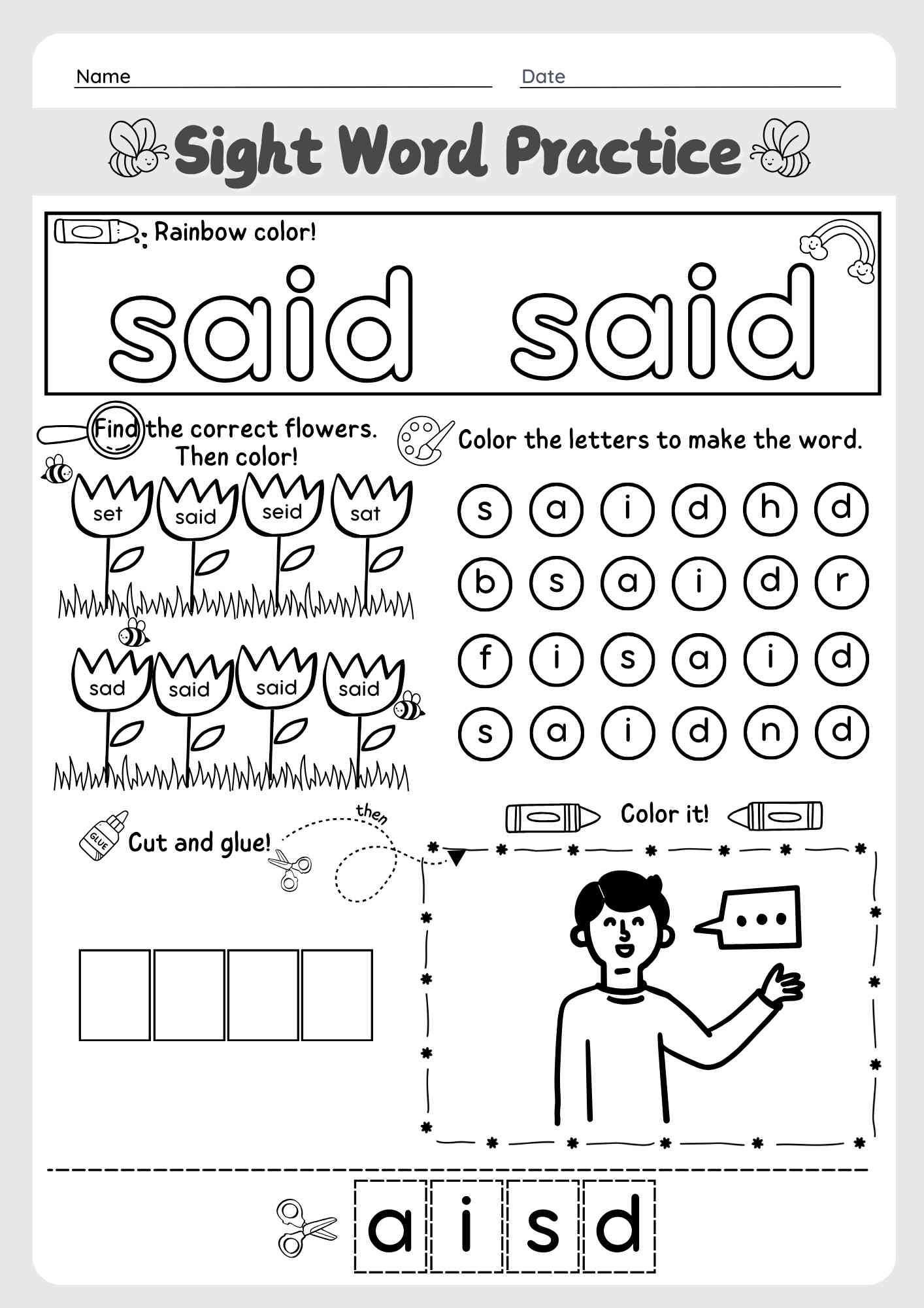 Dolch Sight Word "Said" Cut and Paste, Find and Color, and Find the ...