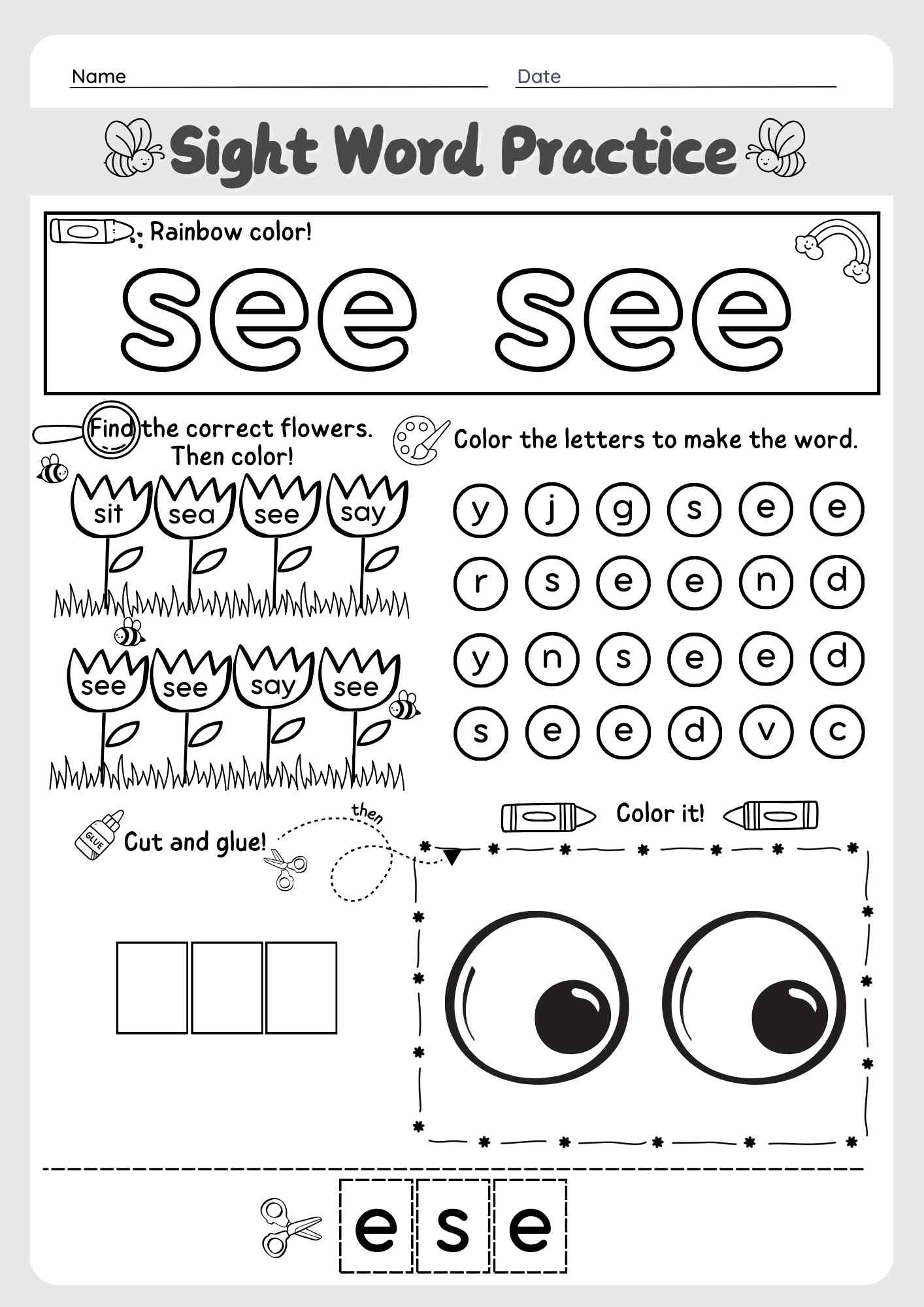 Dolch Sight Word "See" Cut and Paste, Find and Color, and Find the ...