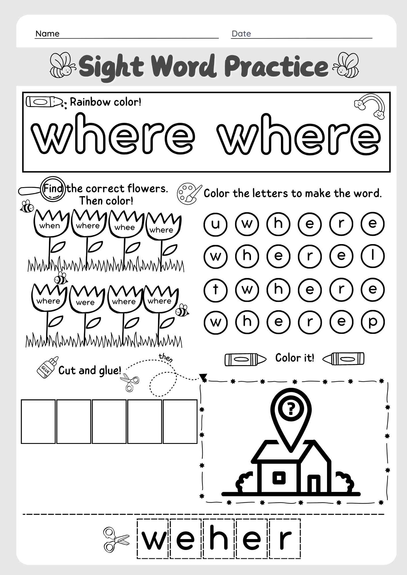 Dolch Sight Word "Where" Cut and Paste, Find and Color, and Find the ...