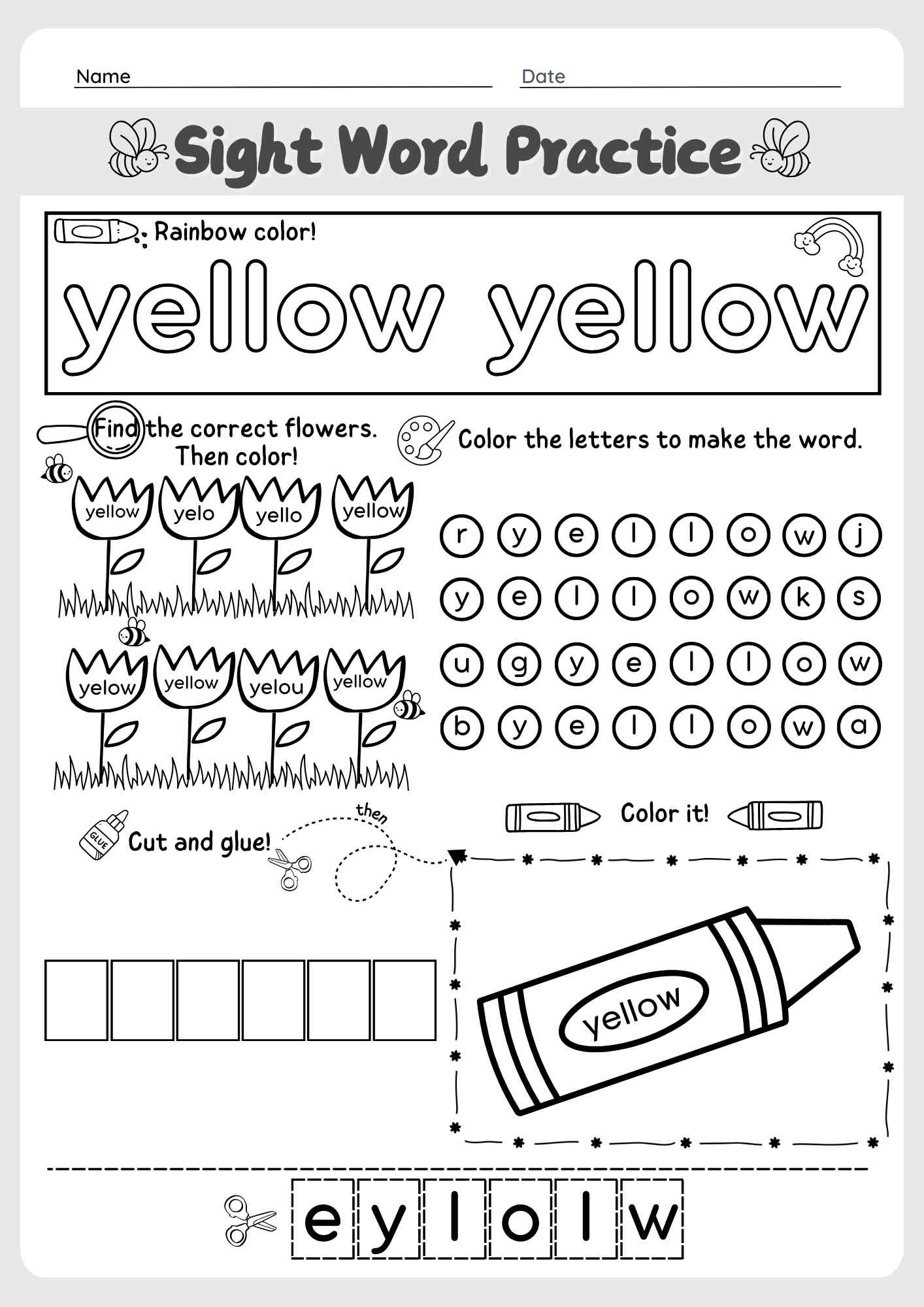 Dolch Sight Word "Yellow" Cut and Paste, Find and Color, and Find the ...
