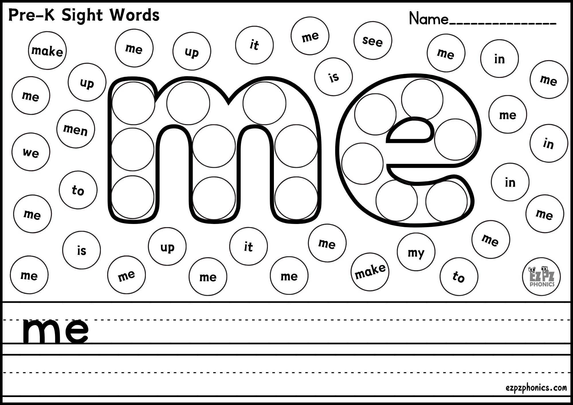 "Me" Dolch Sight Word Dab & Write Worksheet – Fun Sight Words Practice ...