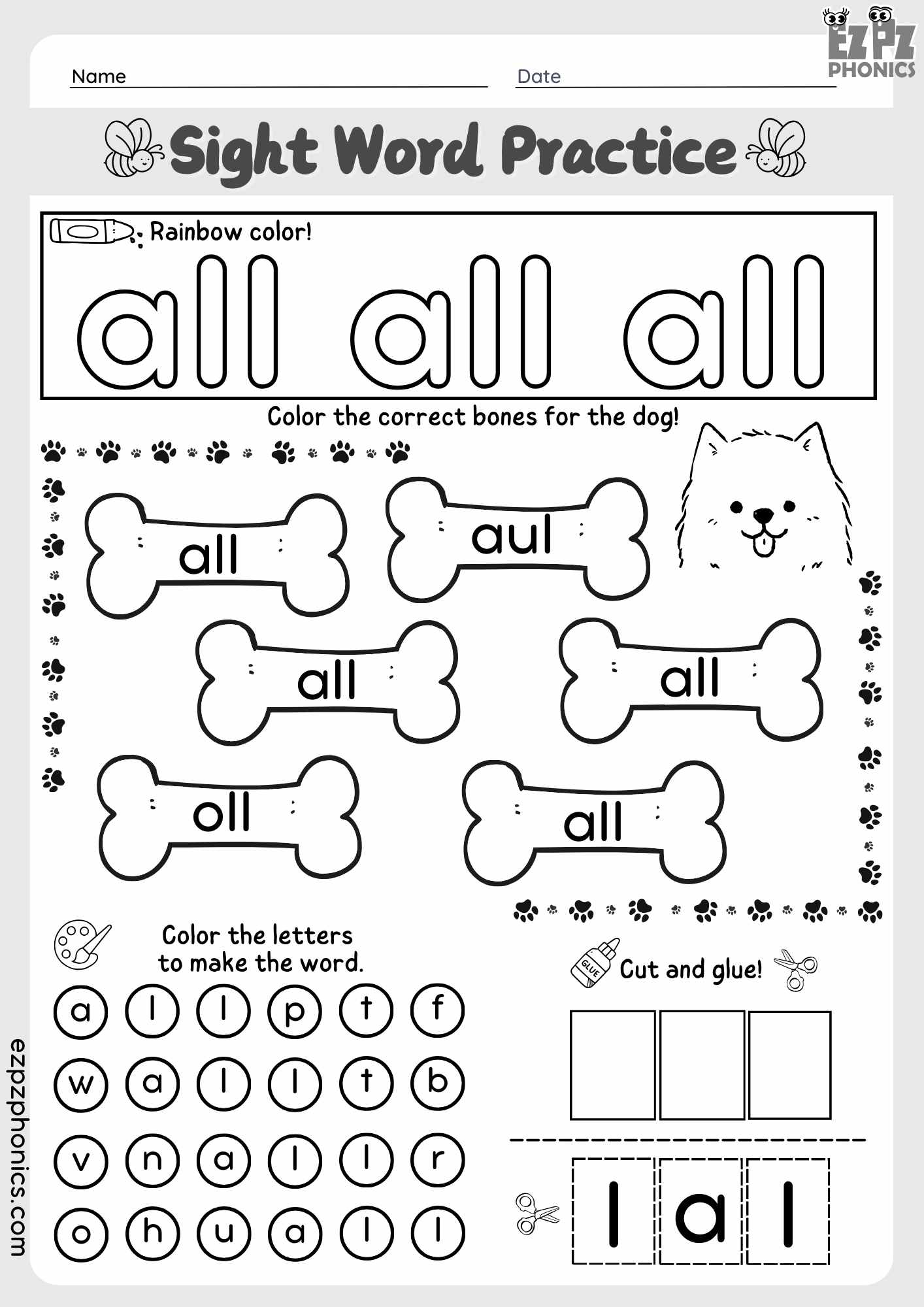 Kindergarten Sight Word Activity: "All" Cut and Paste - ezpzphonics.com
