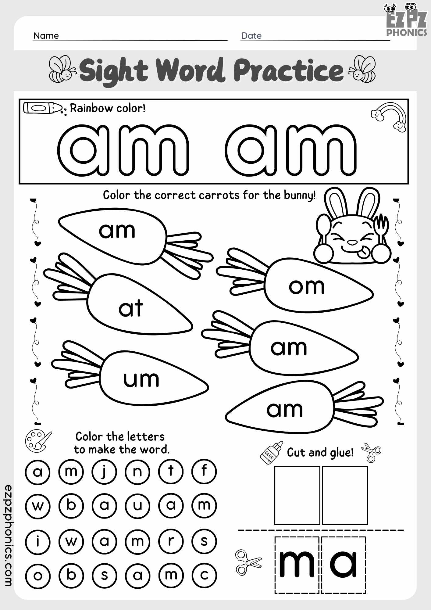"Am" Kindergarten Sight Word Coloring and Cut and Paste Activities ...