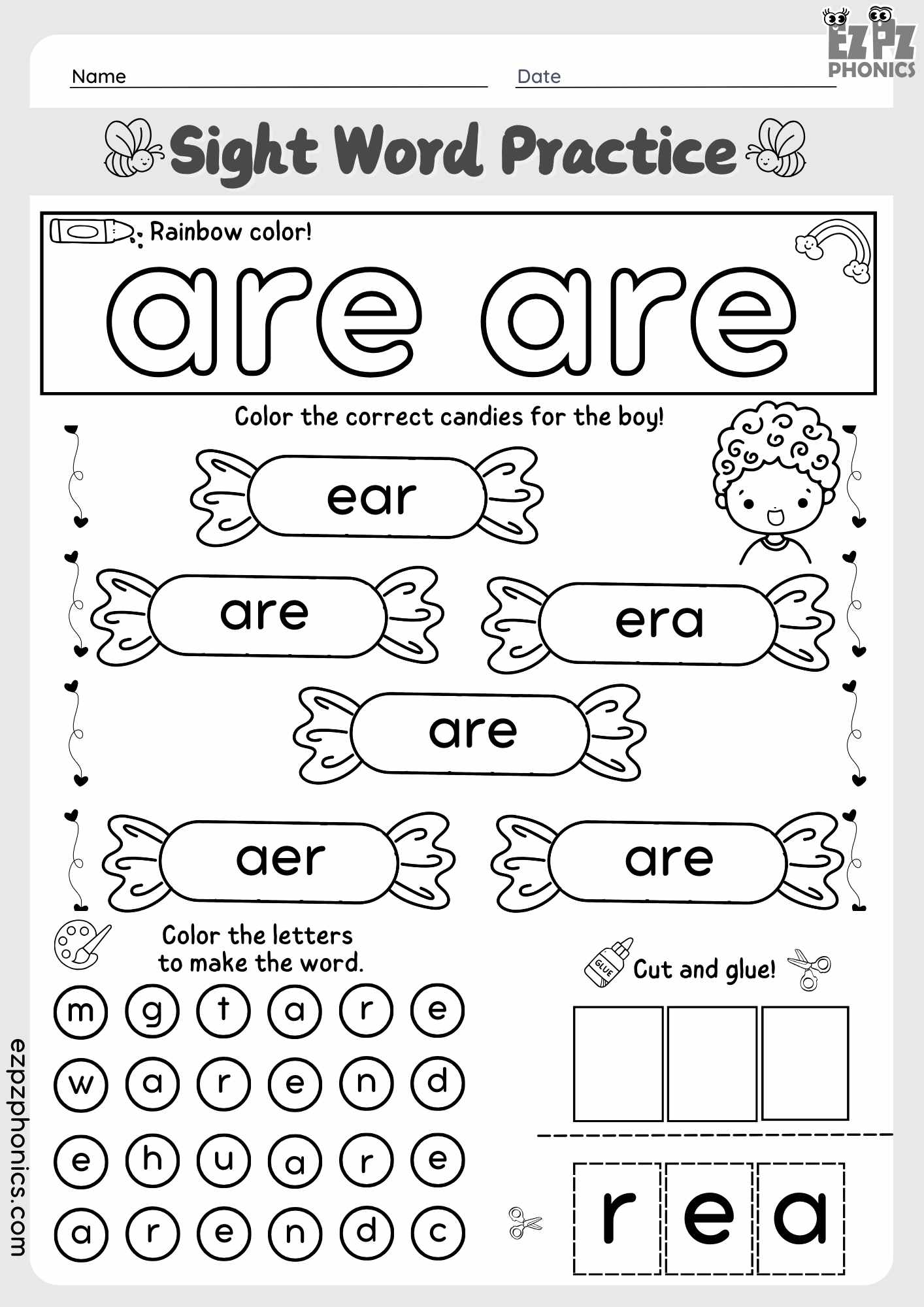Color, Cut and Paste Kindy Sight Words - ezpzphonics.com