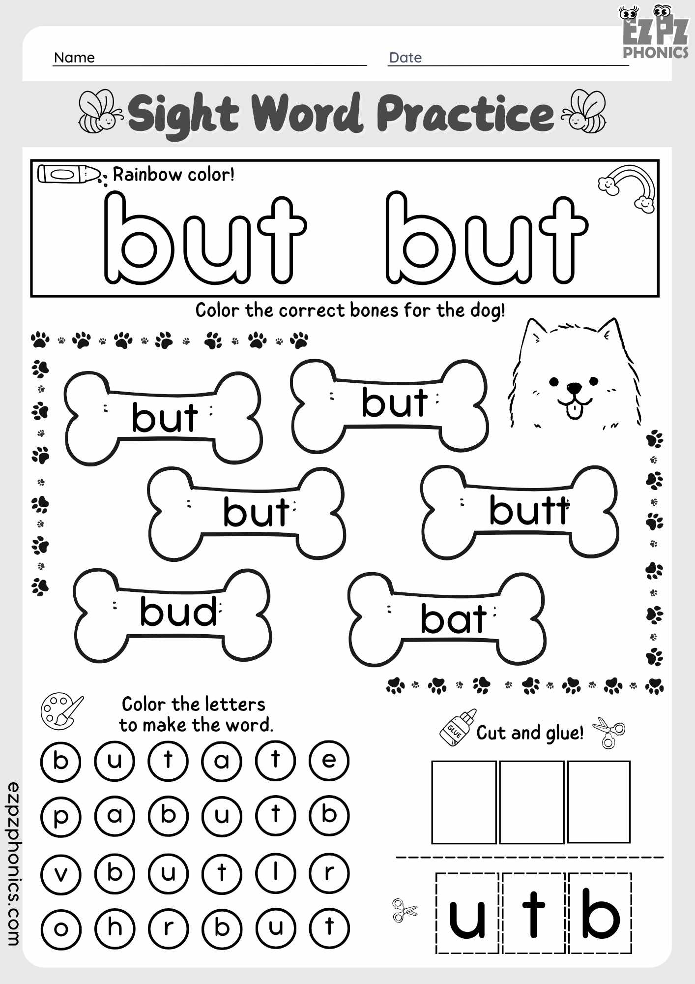 "But" Kindergarten Sight Word Coloring and Cut and Paste Activities ...