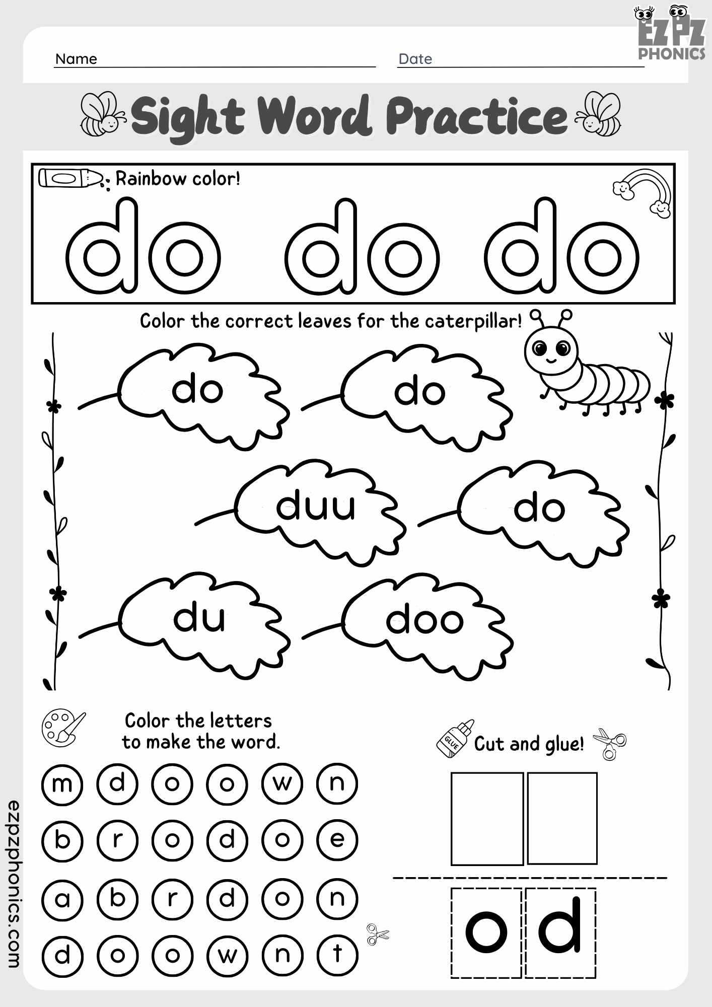 "Do" Kindergarten Sight Word Coloring and Cut and Paste Activities ...