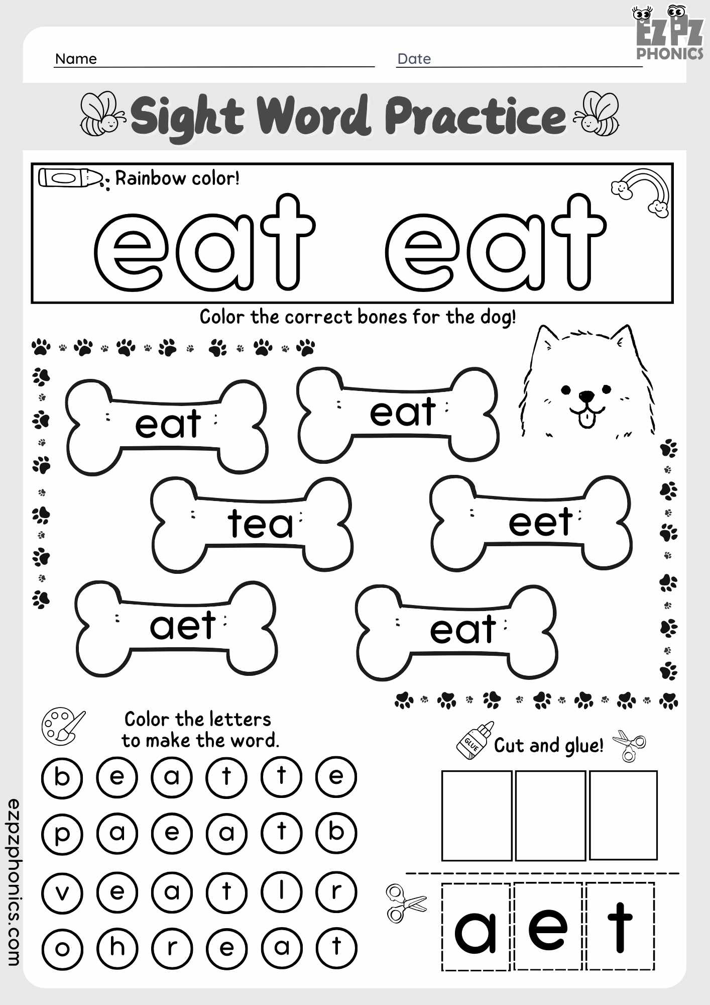 "Eat" Kindergarten Sight Word Coloring and Cut and Paste Activities ...