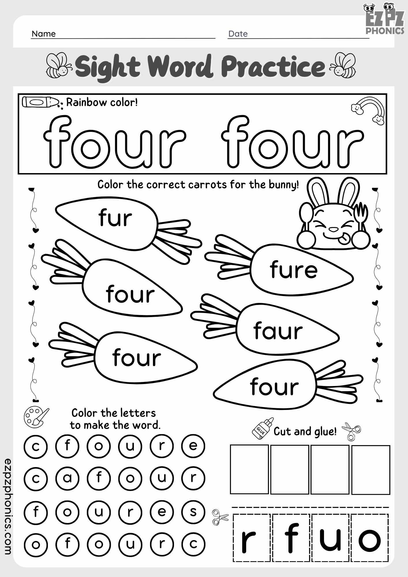 "Four" Kindergarten Sight Word Coloring and Cut and Paste Activities ...