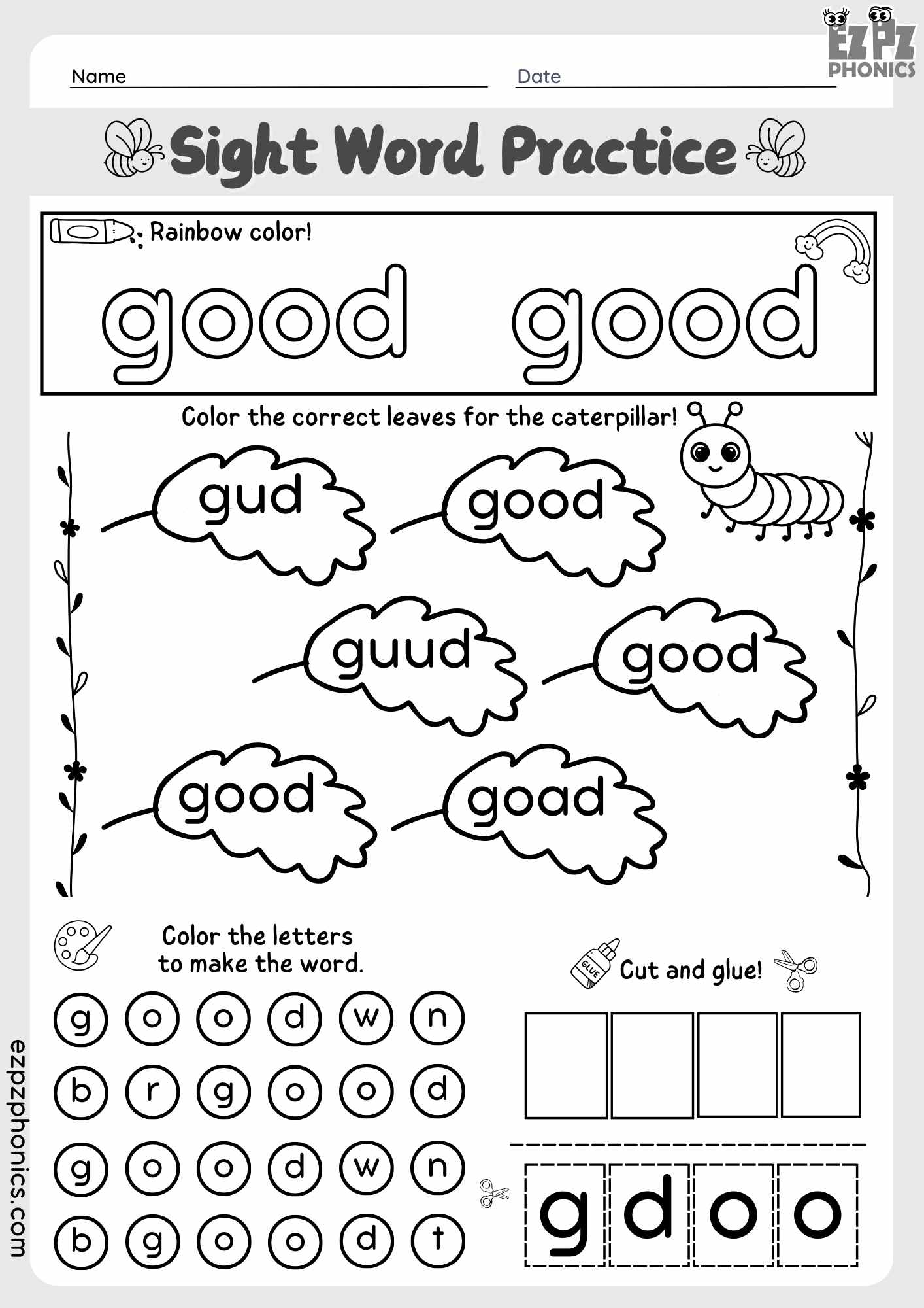 "Good" Kindergarten Sight Word Coloring and Cut and Paste Activities ...