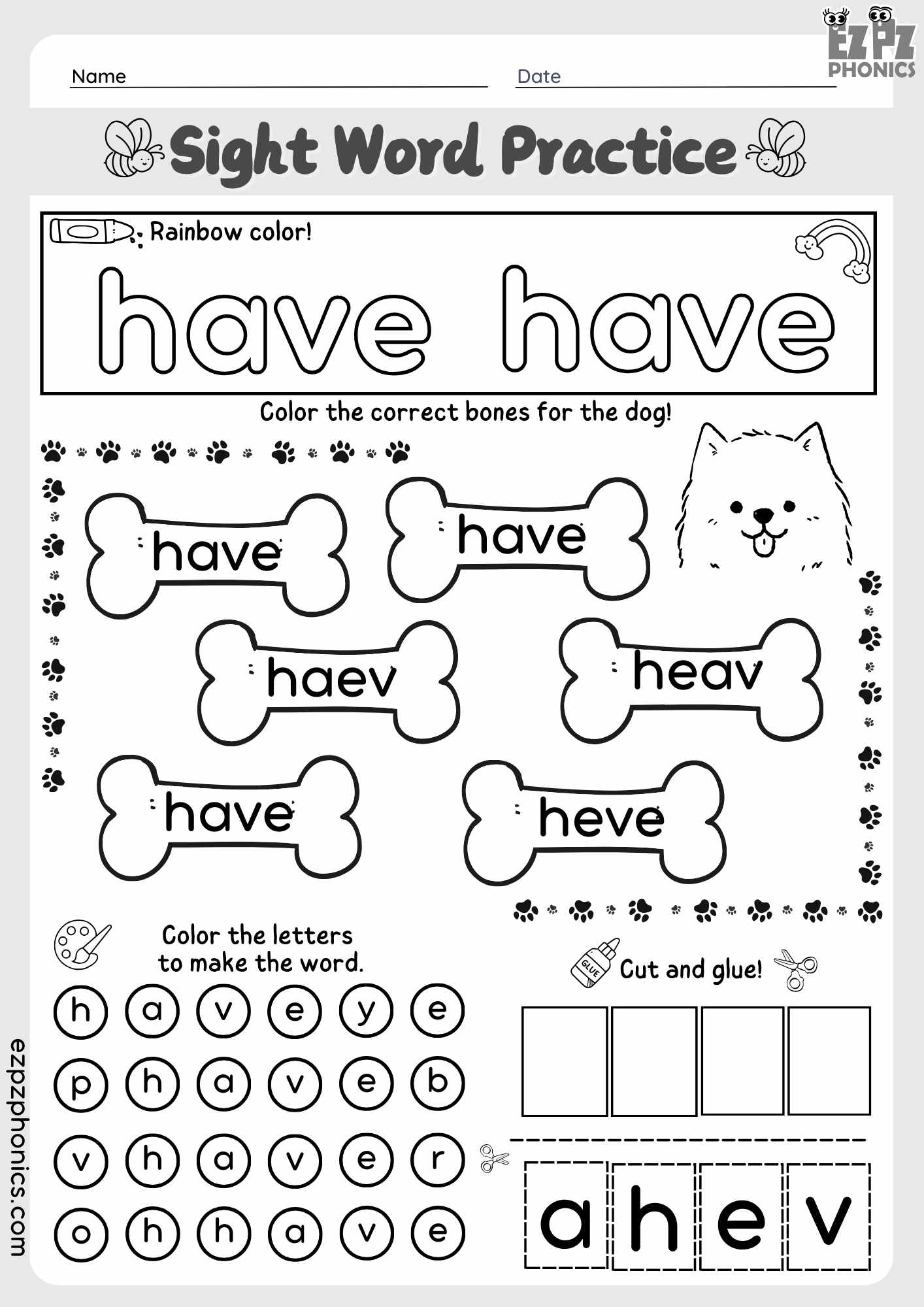 "Have" Kindergarten Sight Word Coloring and Cut and Paste Activities ...