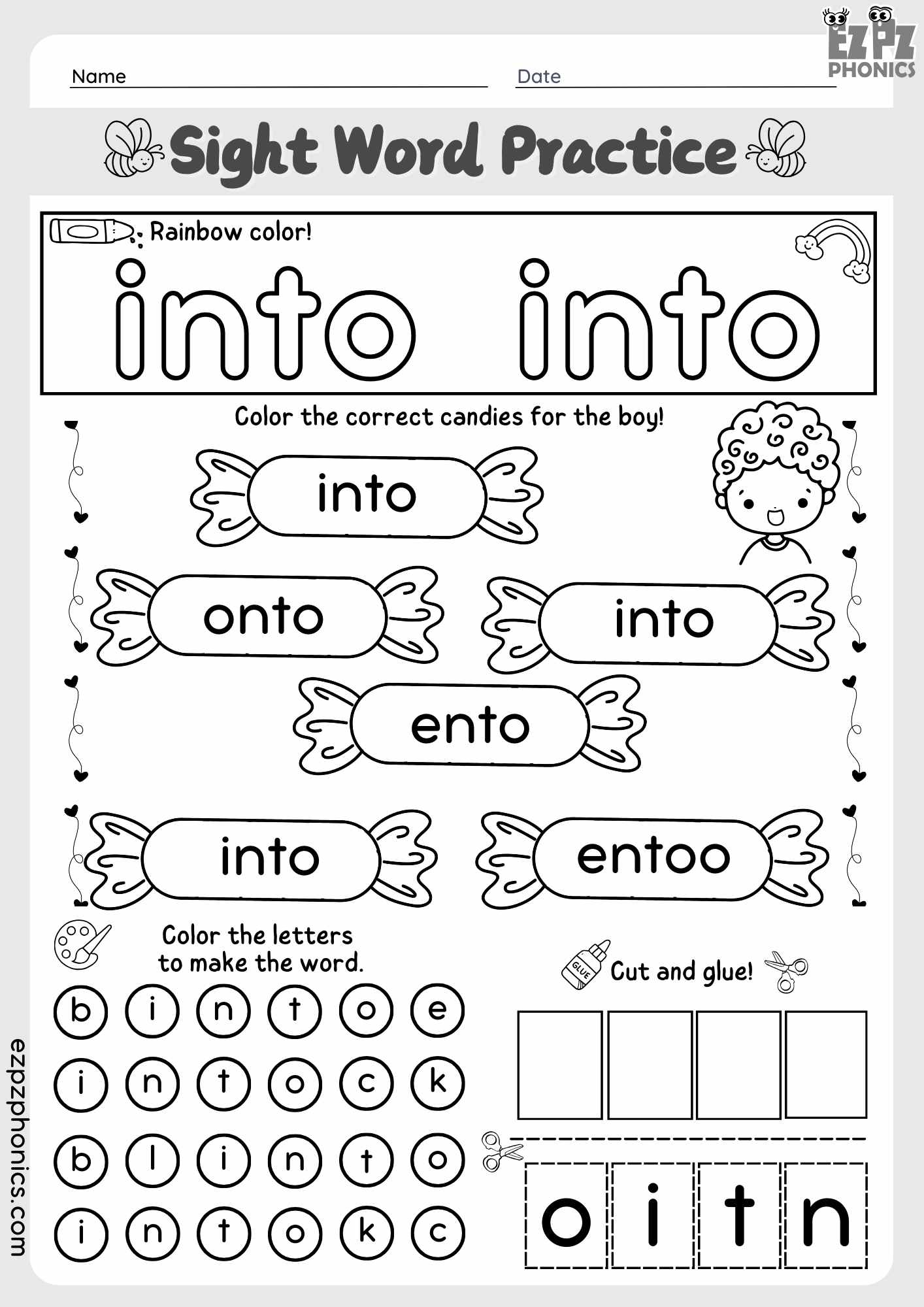 "Into" Kindergarten Sight Word Coloring and Cut and Paste Activities ...