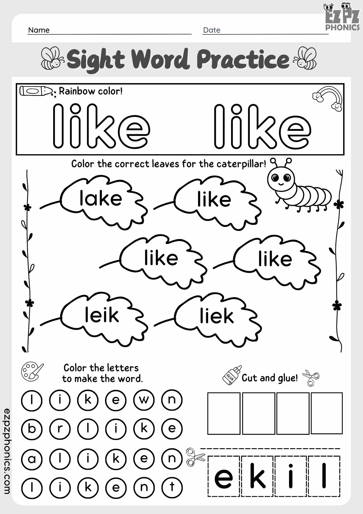 "Like" Kindergarten Sight Word Coloring and Cut and Paste Activities ...