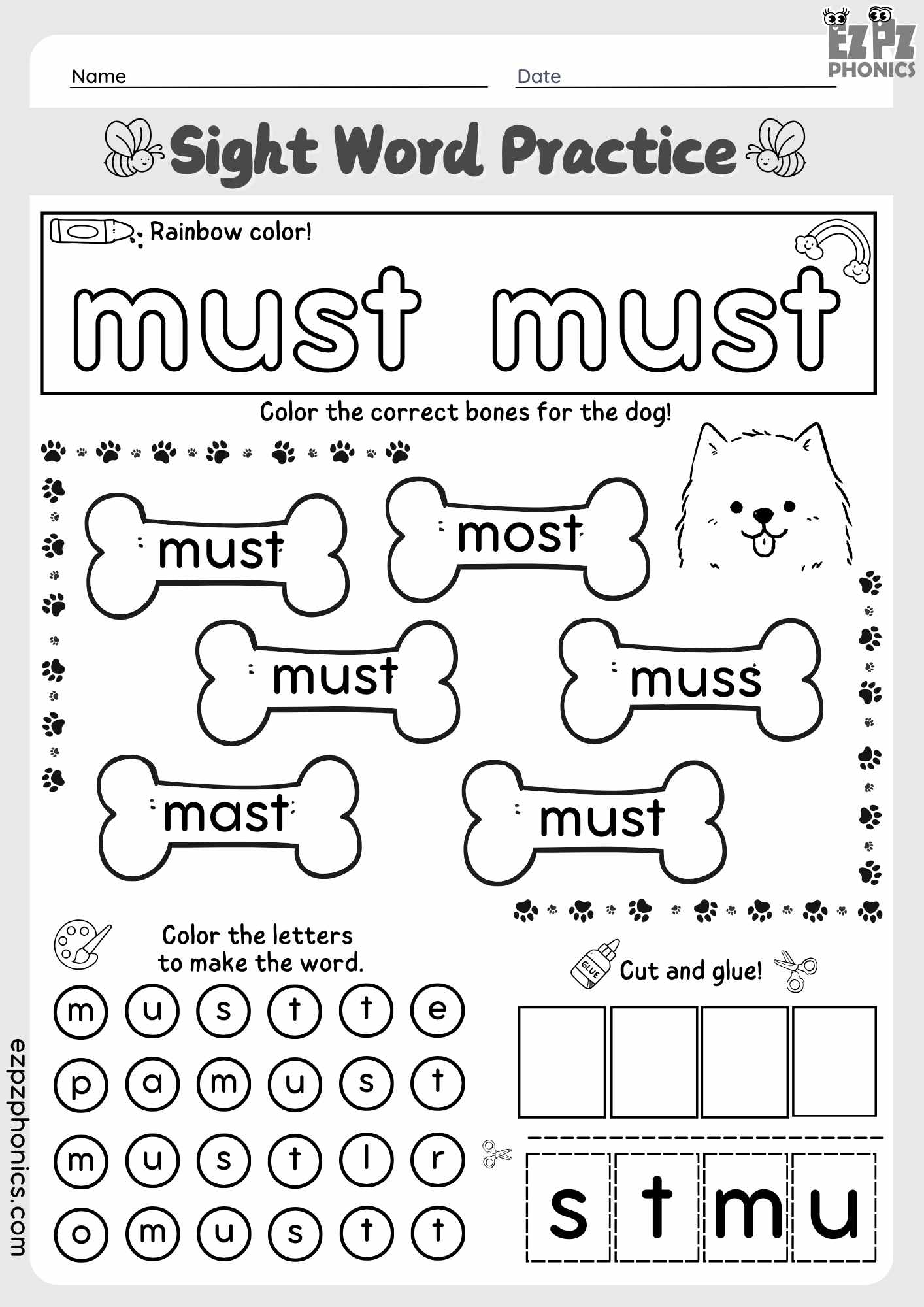 "Must" Kindergarten Sight Word Coloring and Cut and Paste Activities ...