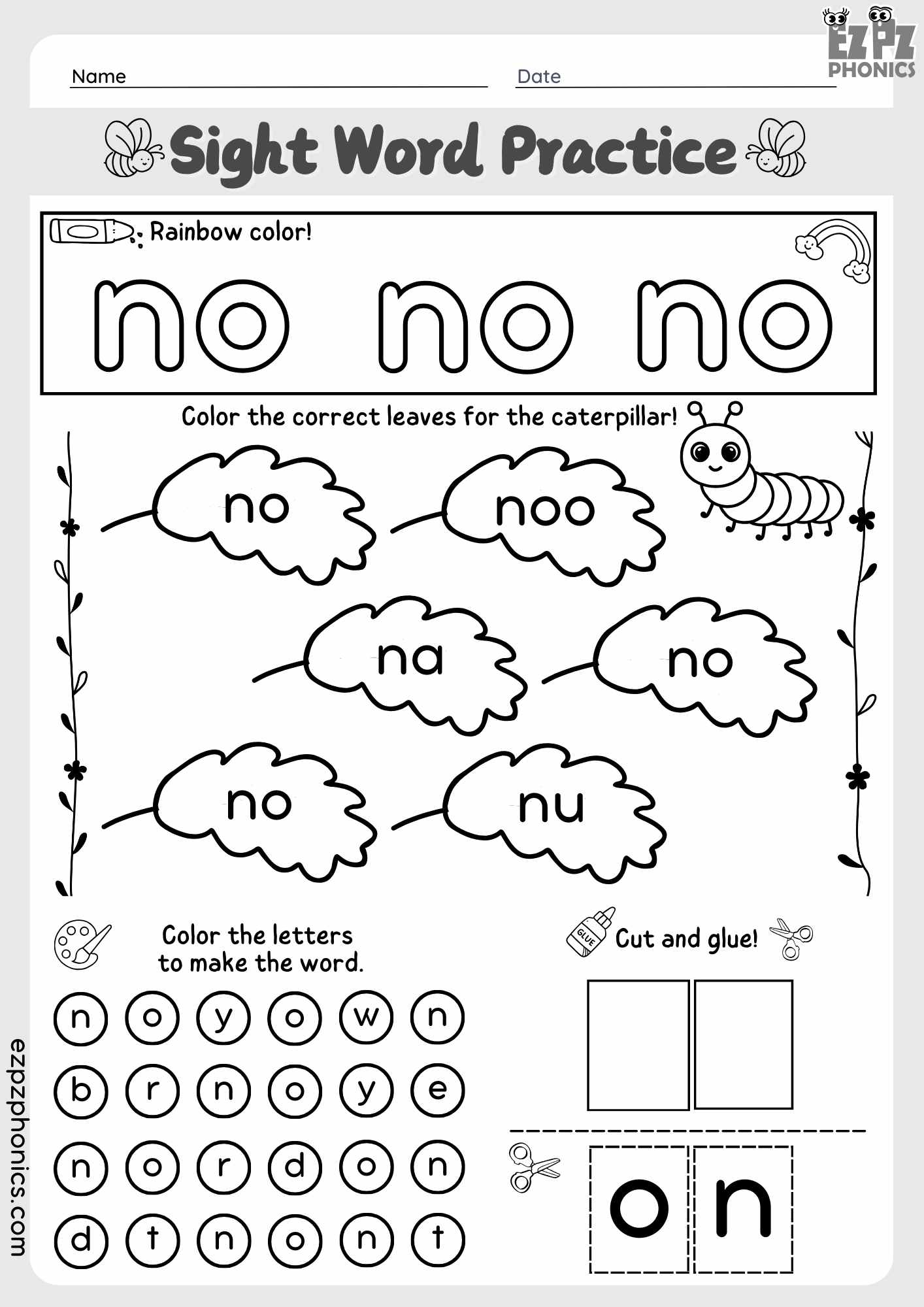 "No" Kindergarten Sight Word Coloring and Cut and Paste Activities ...