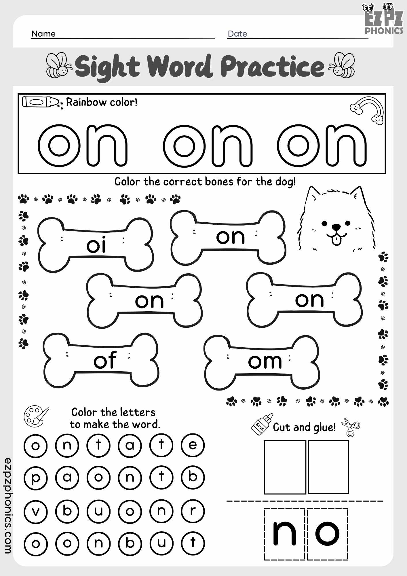 "On" Kindergarten Sight Word Coloring and Cut and Paste Activities ...