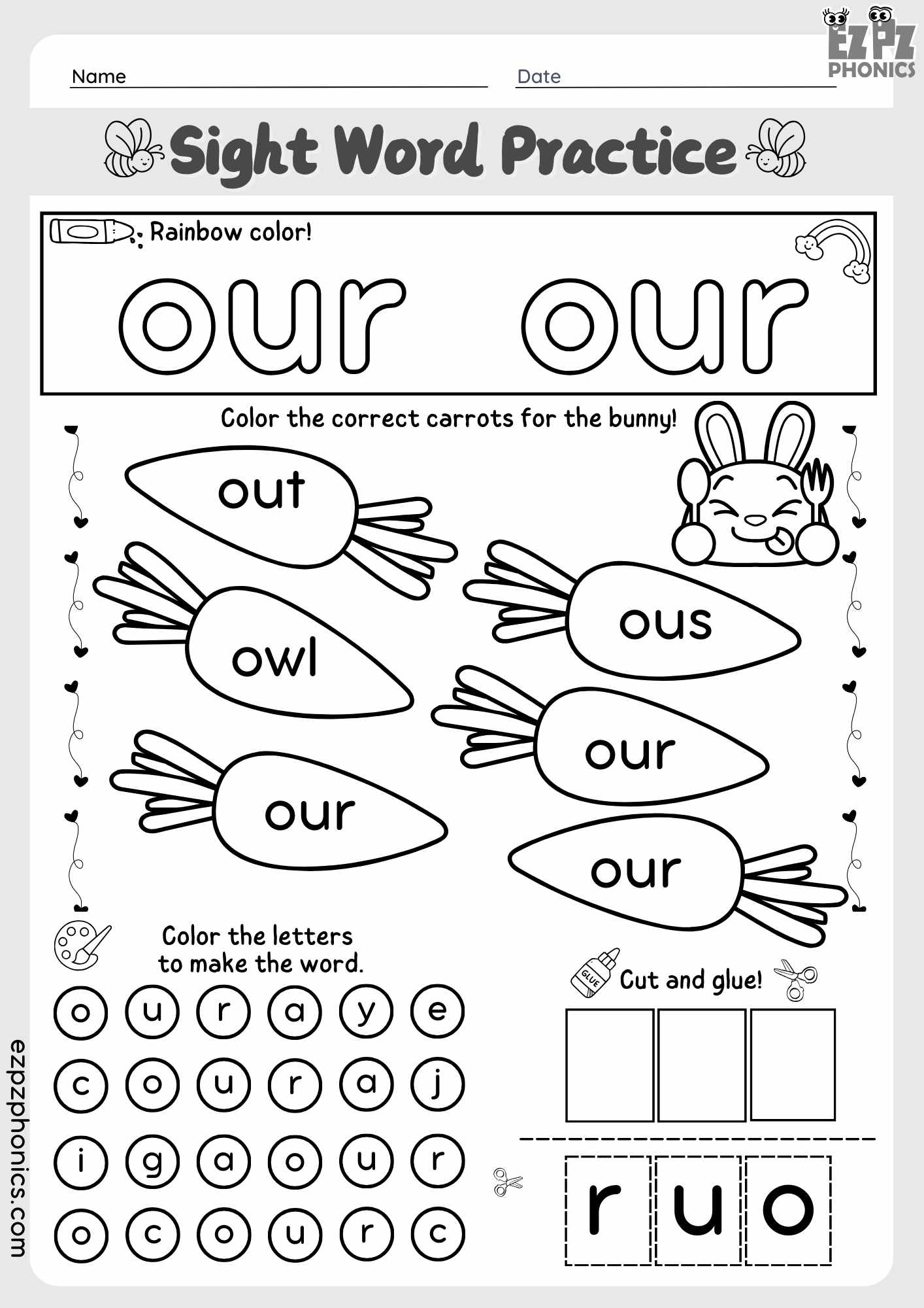 "Our" Kindergarten Sight Word Coloring and Cut and Paste Activities ...