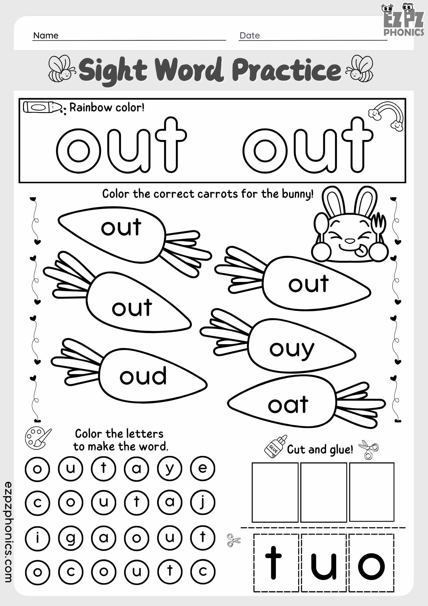 "Out" Kindergarten Sight Word Coloring and Cut and Paste Activities PDF ...