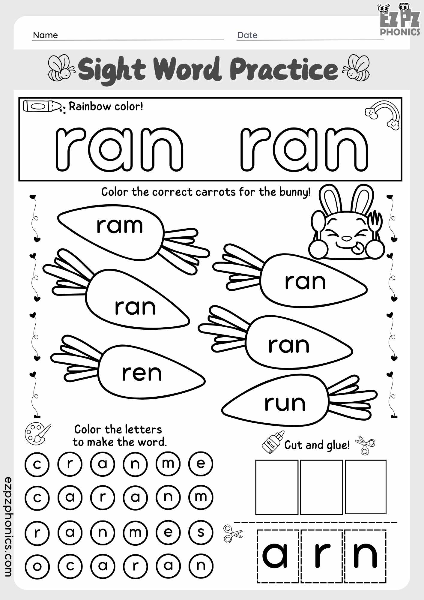 "Ran" Kindergarten Sight Word Coloring and Cut and Paste Activities PDF ...