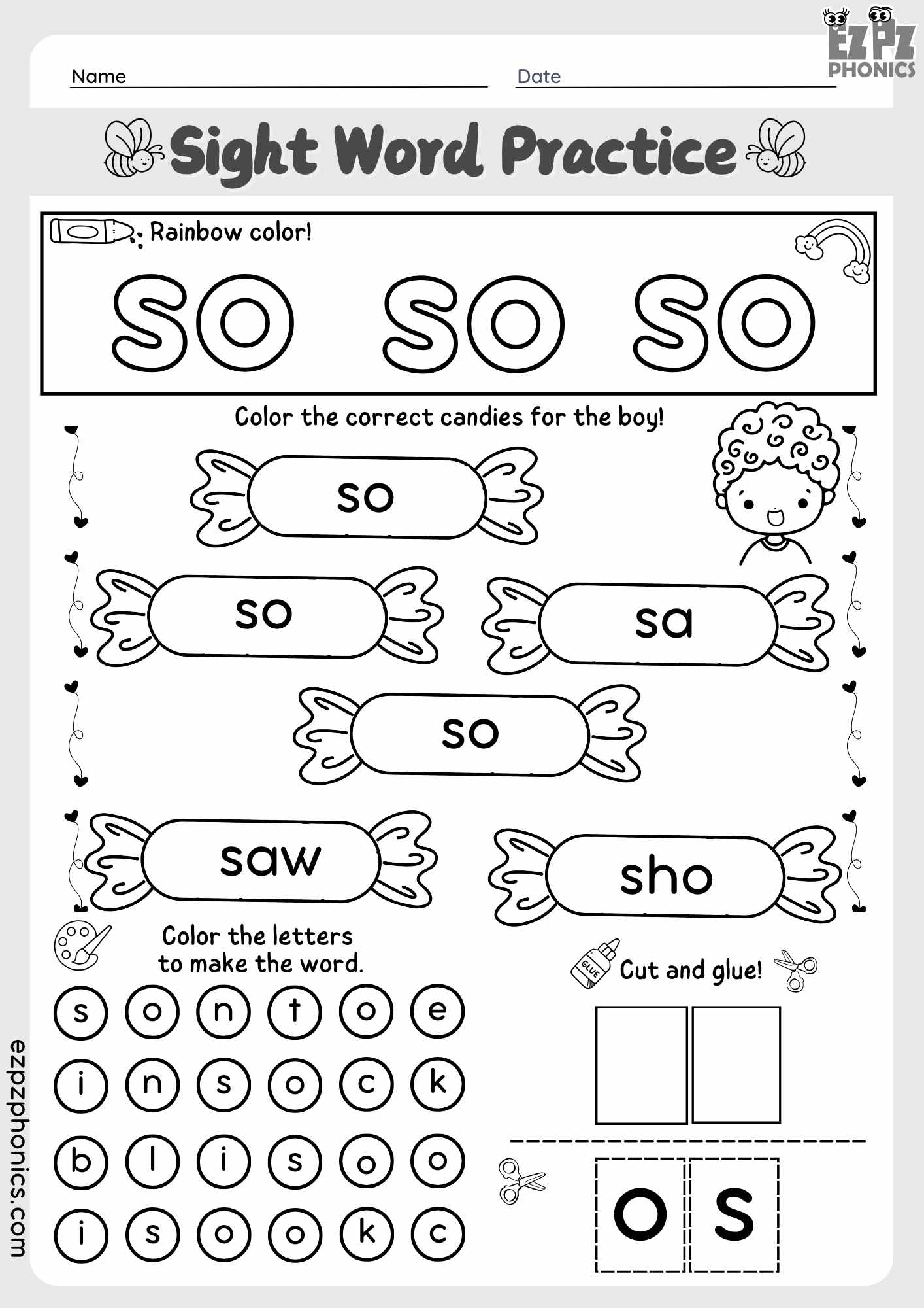 "So" Kindergarten Sight Word Coloring and Cut and Paste Activities PDF ...