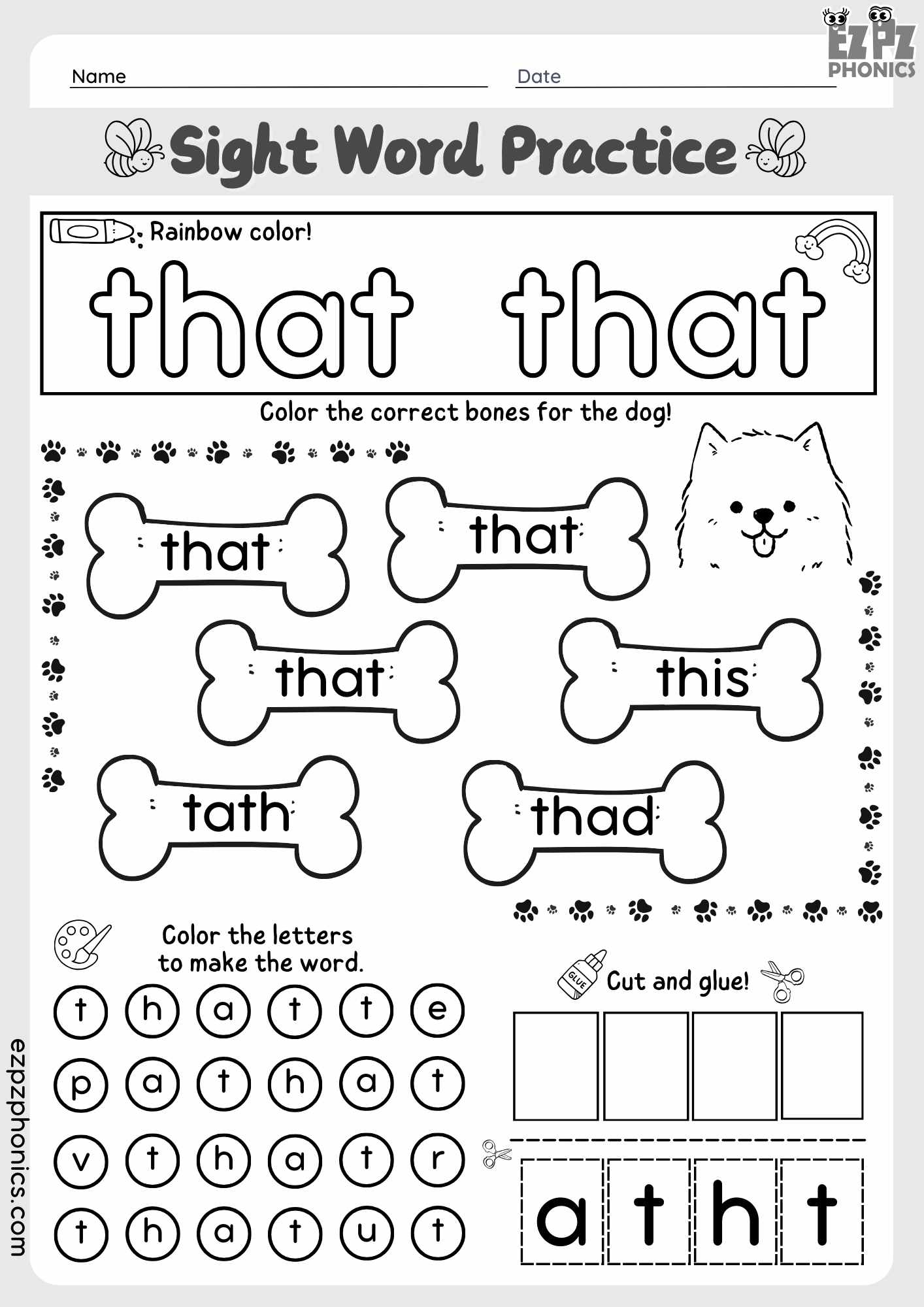 "That" Kindergarten Sight Word Coloring and Cut and Paste Activities ...