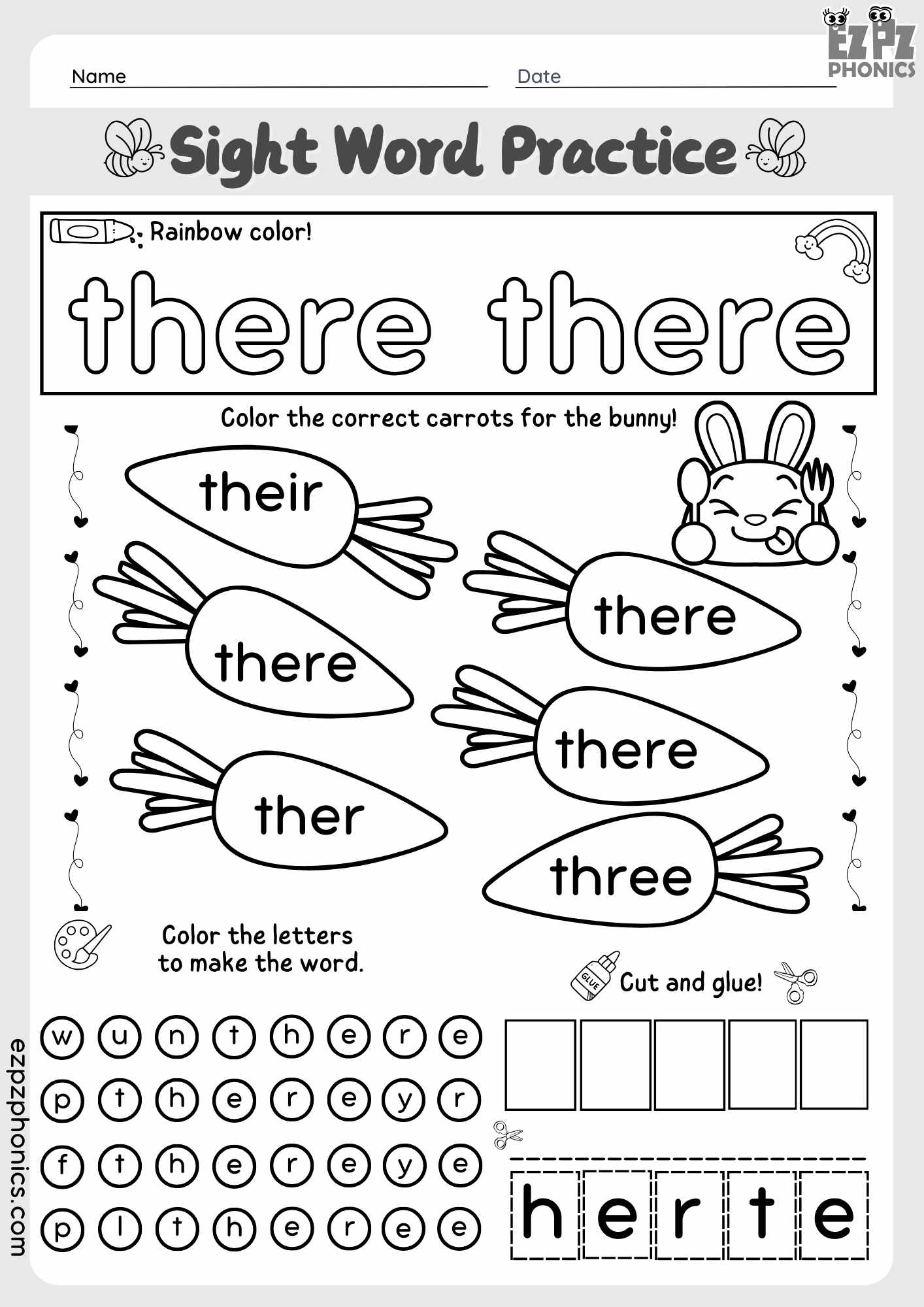 "There" Kindergarten Sight Word Coloring and Cut and Paste Activities ...