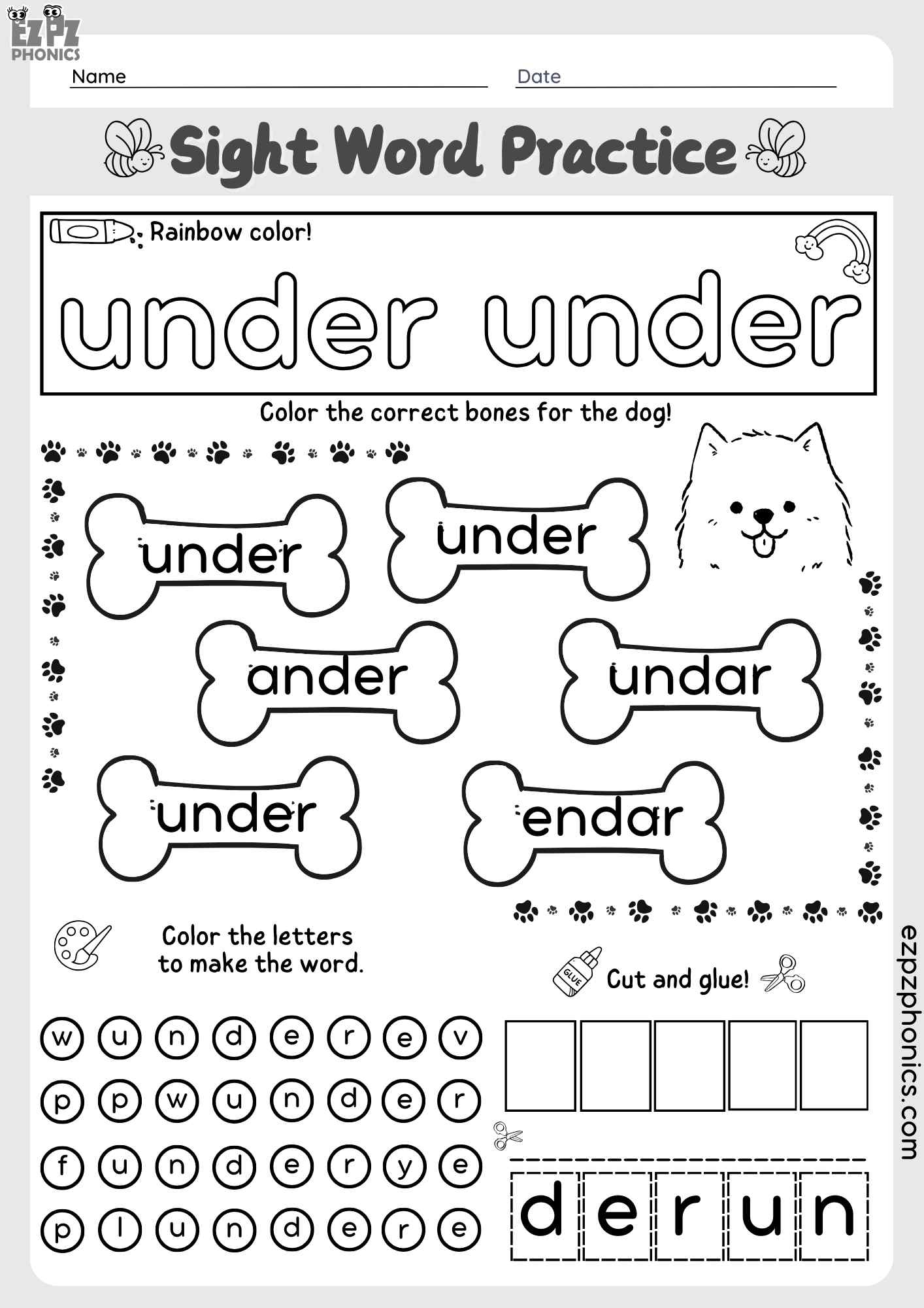 "Under" Kindergarten Sight Word Coloring and Cut and Paste Activities ...