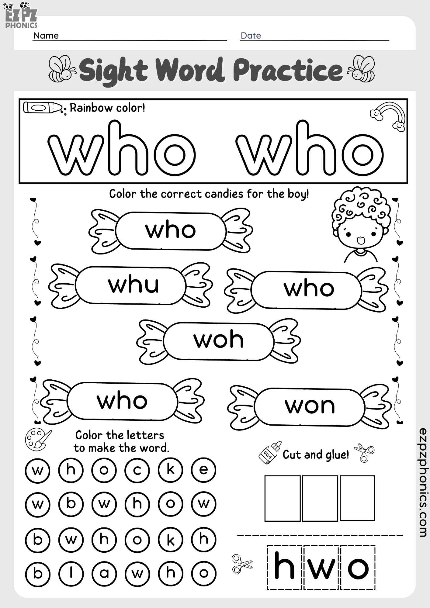 "Who" Kindergarten Sight Word Coloring and Cut and Paste Activities PDF ...