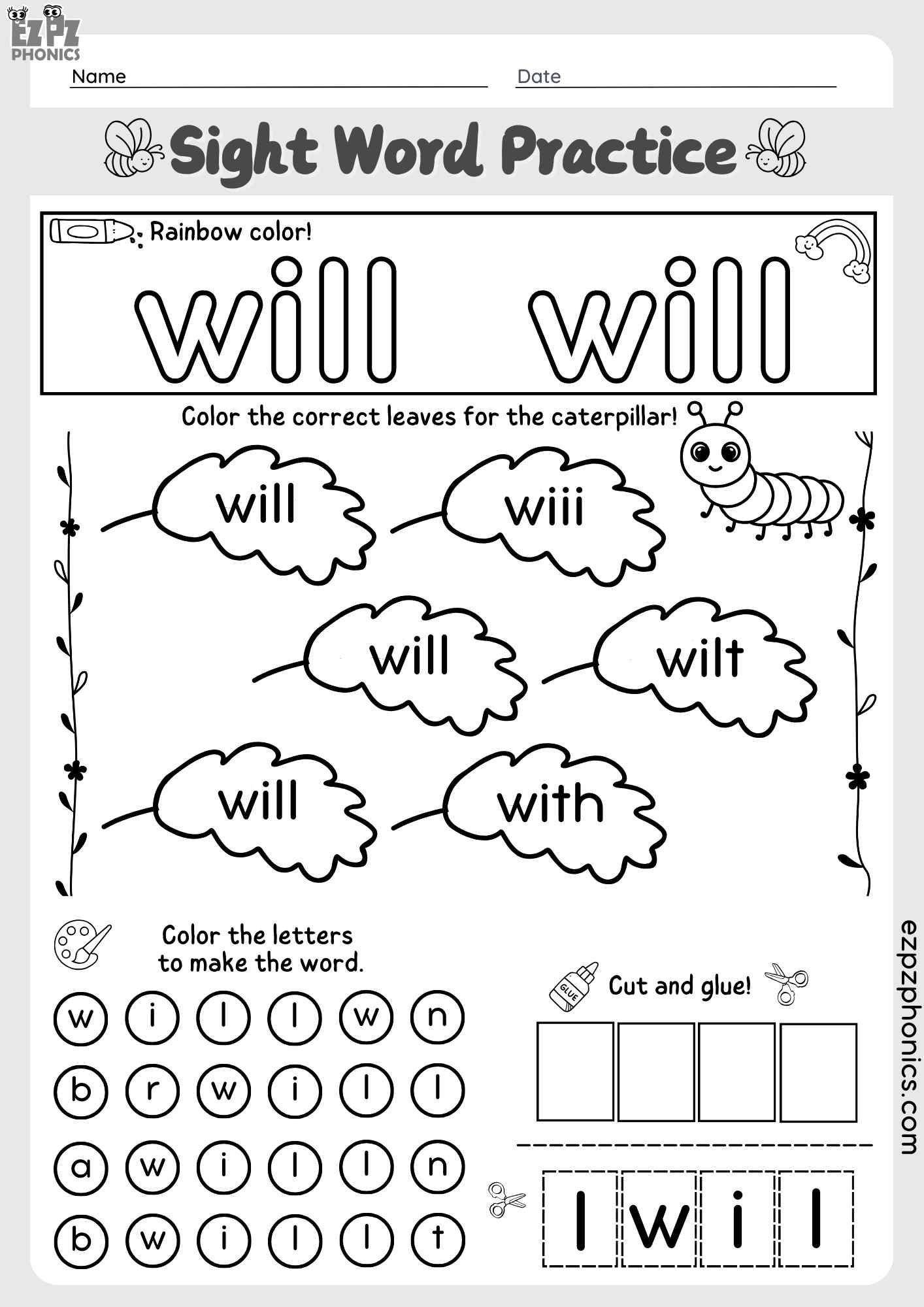 "Will" Kindergarten Sight Word Coloring and Cut and Paste Activities ...