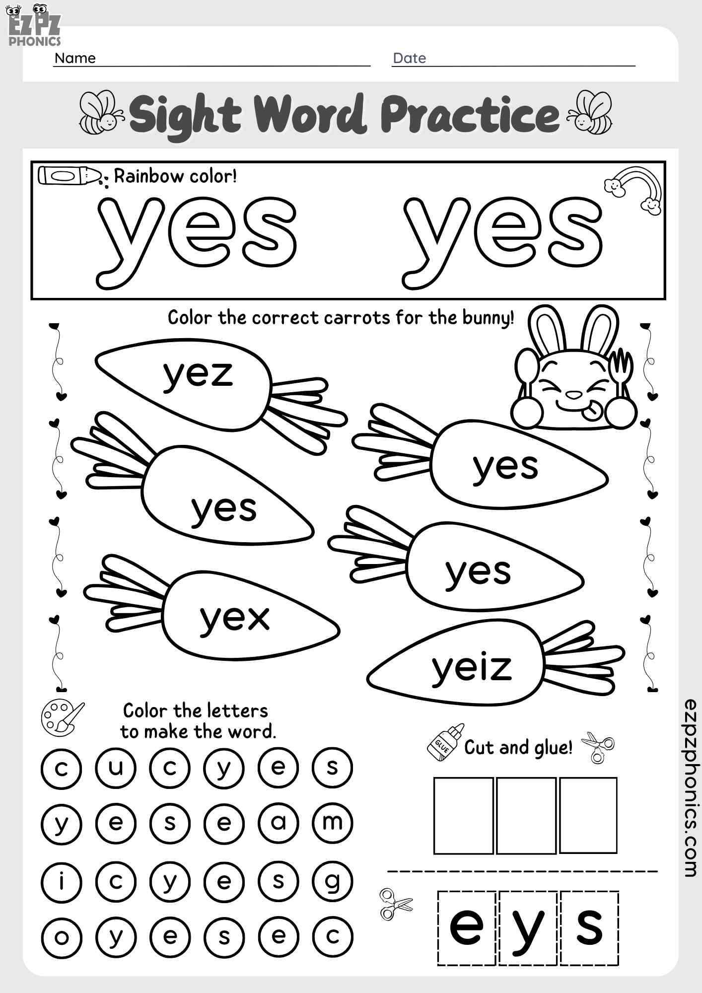 "Yes" Kindergarten Sight Word Coloring and Cut and Paste Activities PDF ...