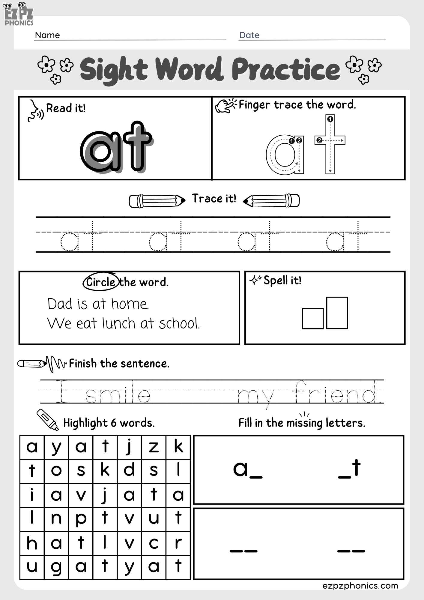 Dolch Kindergarten Sight Word “At” – Downloadable PDF Worksheet ...