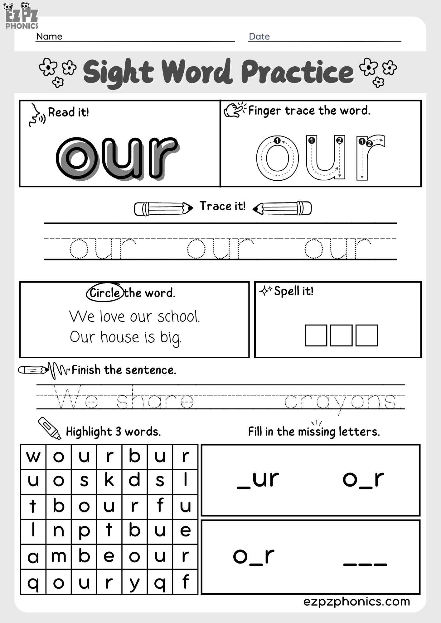 Dolch Kindergarten Sight Word "Our" – Engaging Activities PDF Download ...