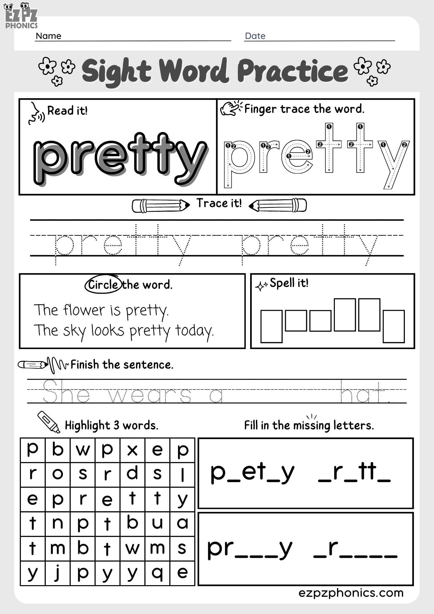 Dolch Kindergarten Sight Word "Pretty" – Engaging Activities PDF ...