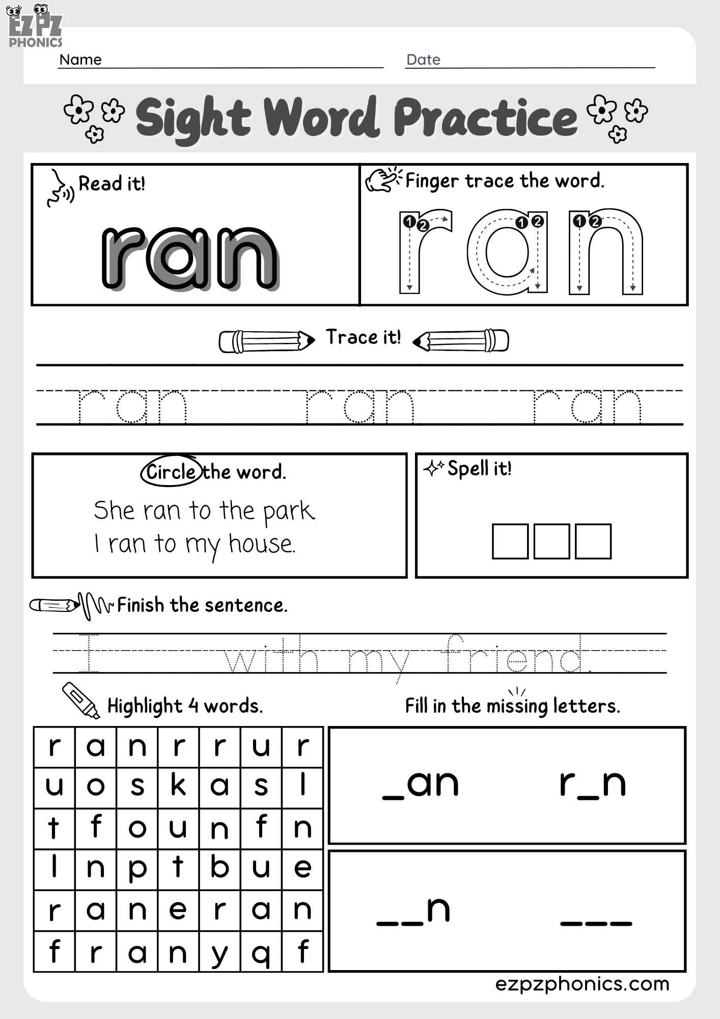 Dolch Kindergarten Sight Word "Ran" – Engaging Activities PDF Download ...